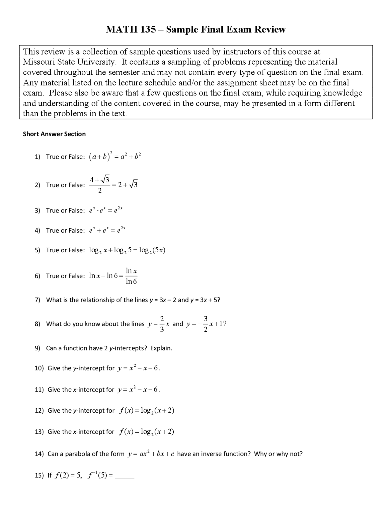 46 Solved Problems On Basic Algebra Sample Final Exam Review Mth