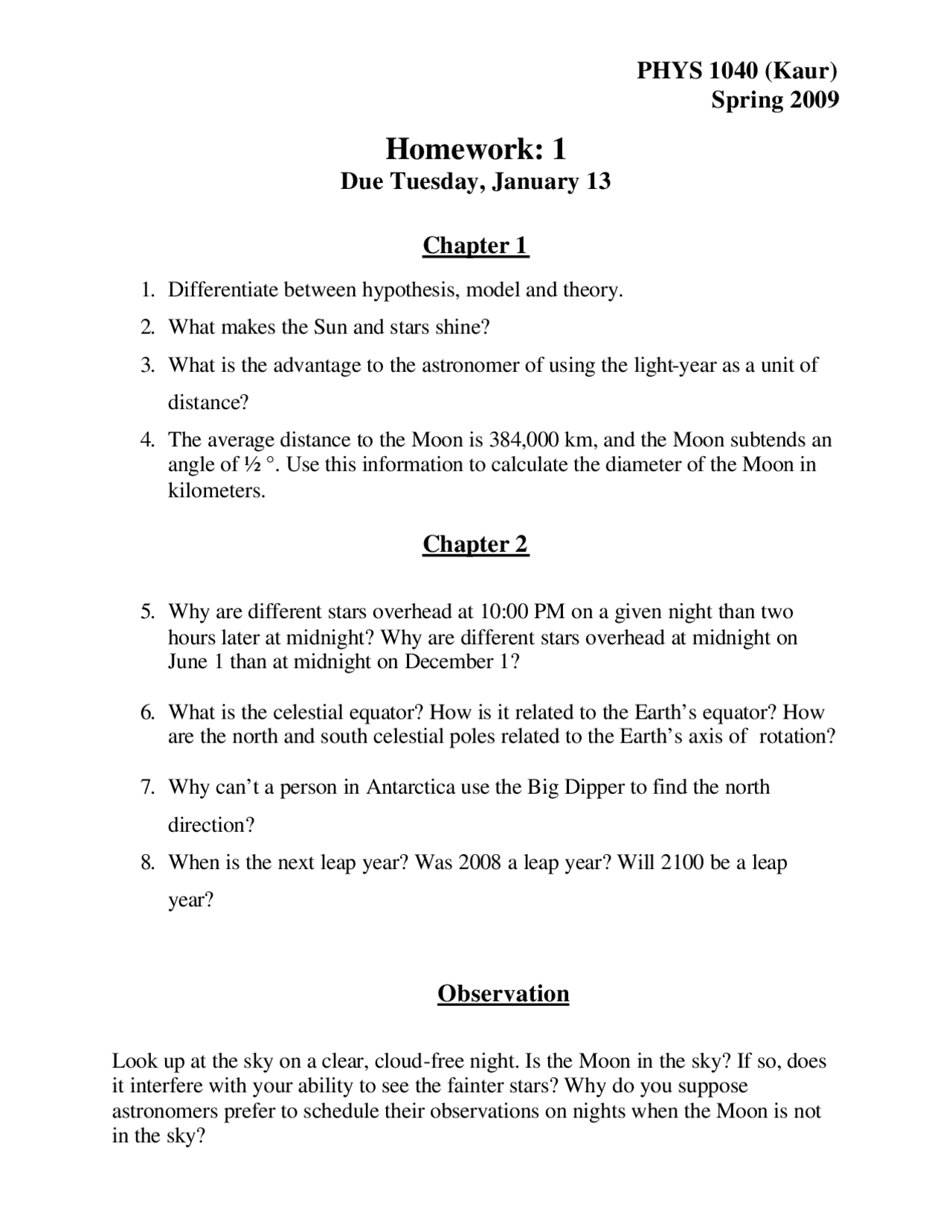 Elementary Astronomy Assignment 1 Review Sheet Phys 1040 Docsity
