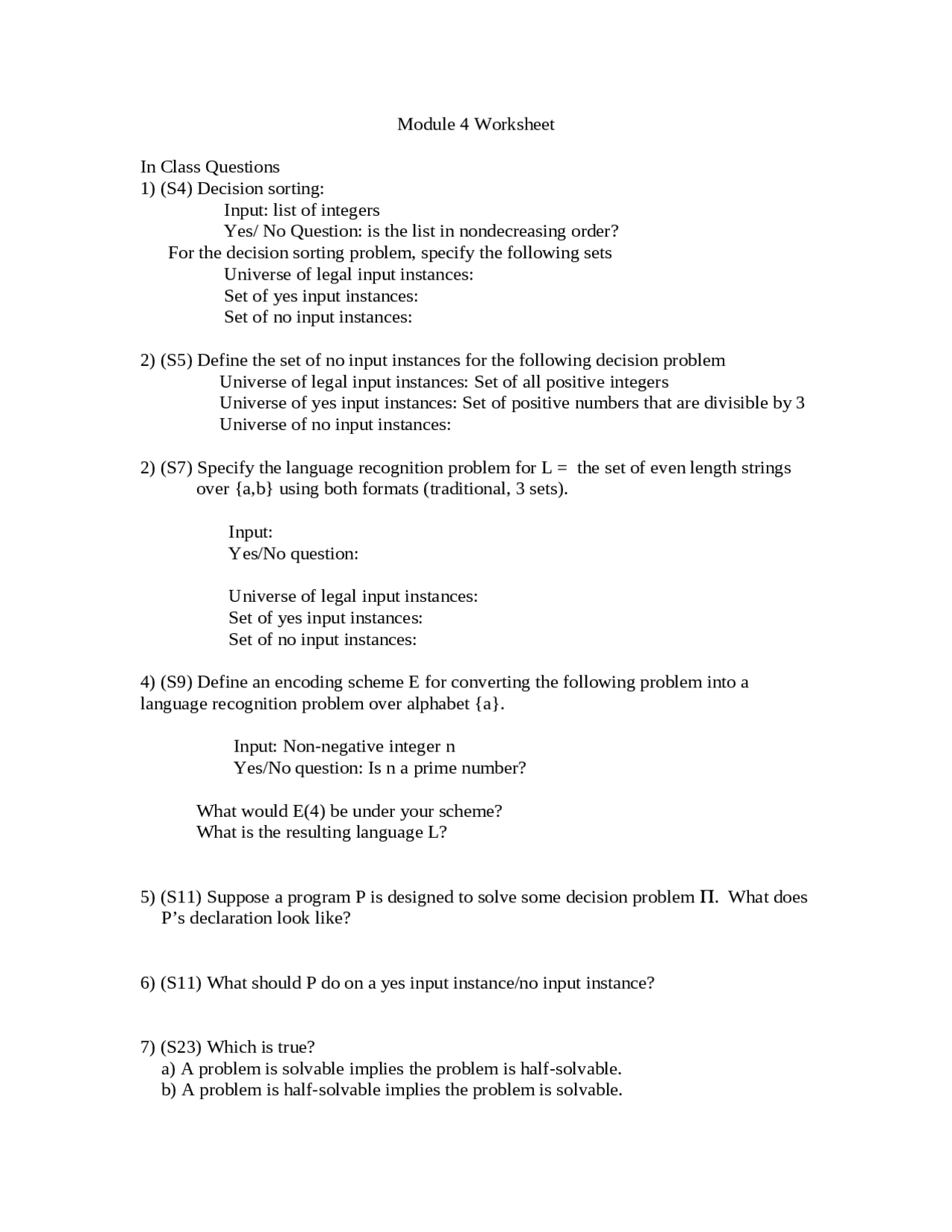 7 Questions Module Worksheet 4 - Computability and Languages | CSE 460 - Docsity