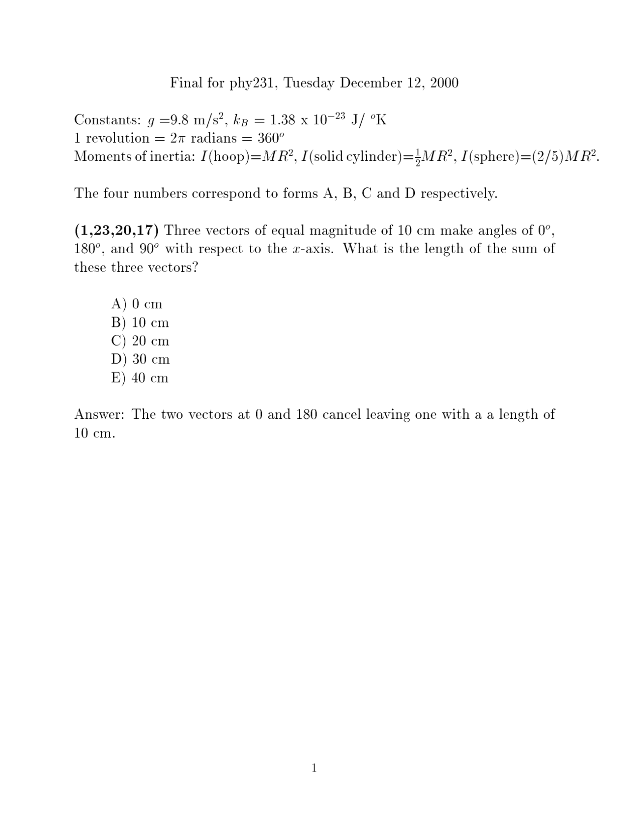 Final Exam With Answers Introductory Physics I Phy 231 Exams