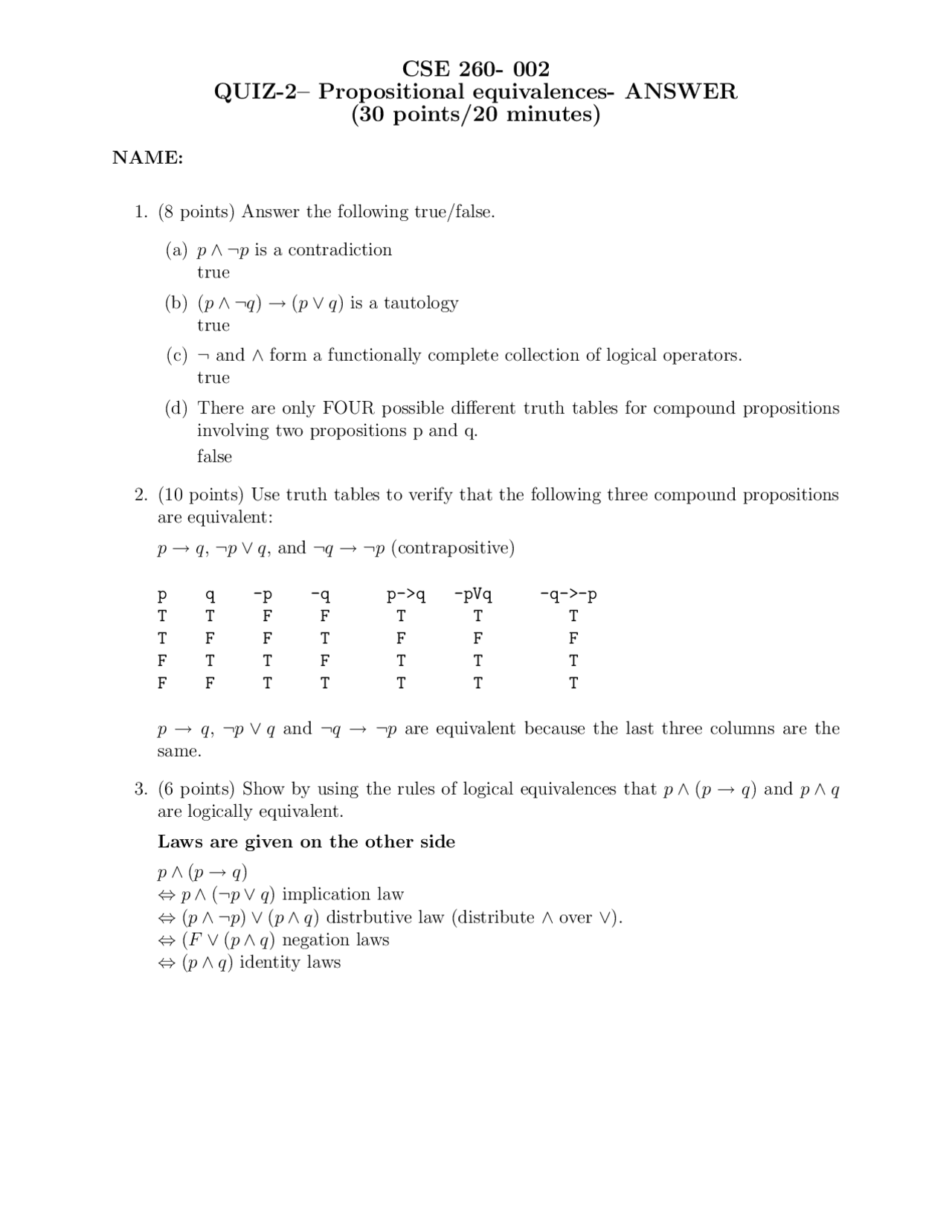 Propositional Equivalences Discrete Structures Quiz 2 Cse 260