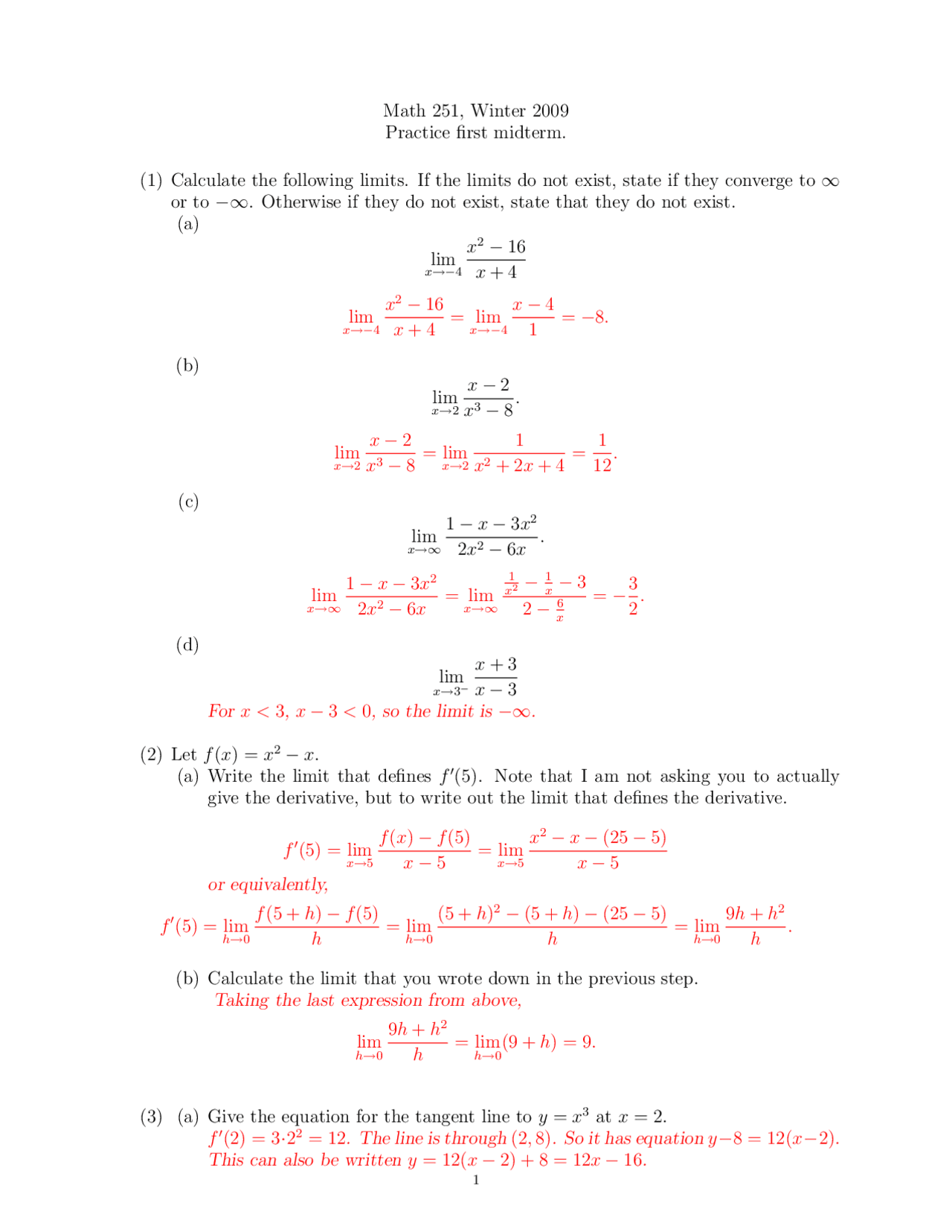 6 Problems On Equation Of Tangent Lines Exam 1 Math 251 Docsity