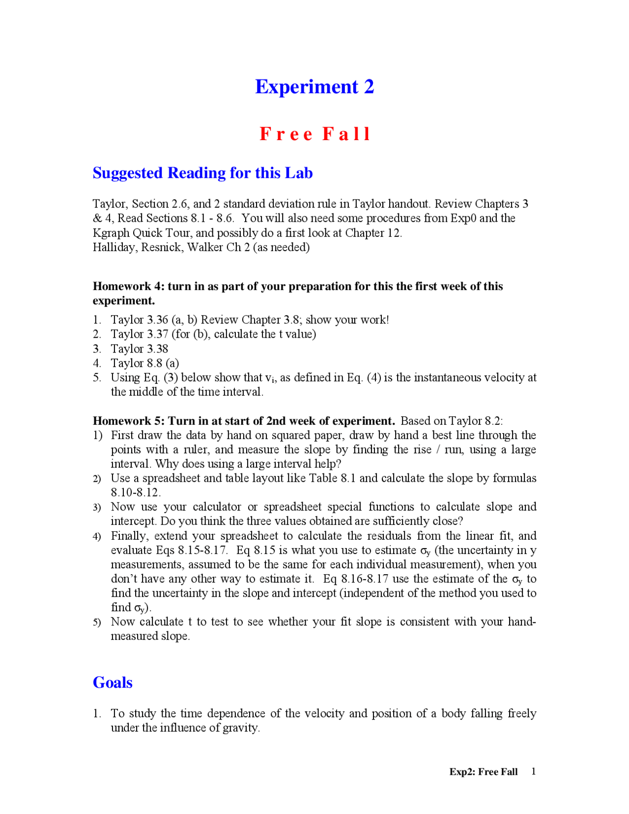 Free Fall Laboratory Experiment 2 - Physics Lab for Scientists I | PHY 191 | Assignments Physics ...
