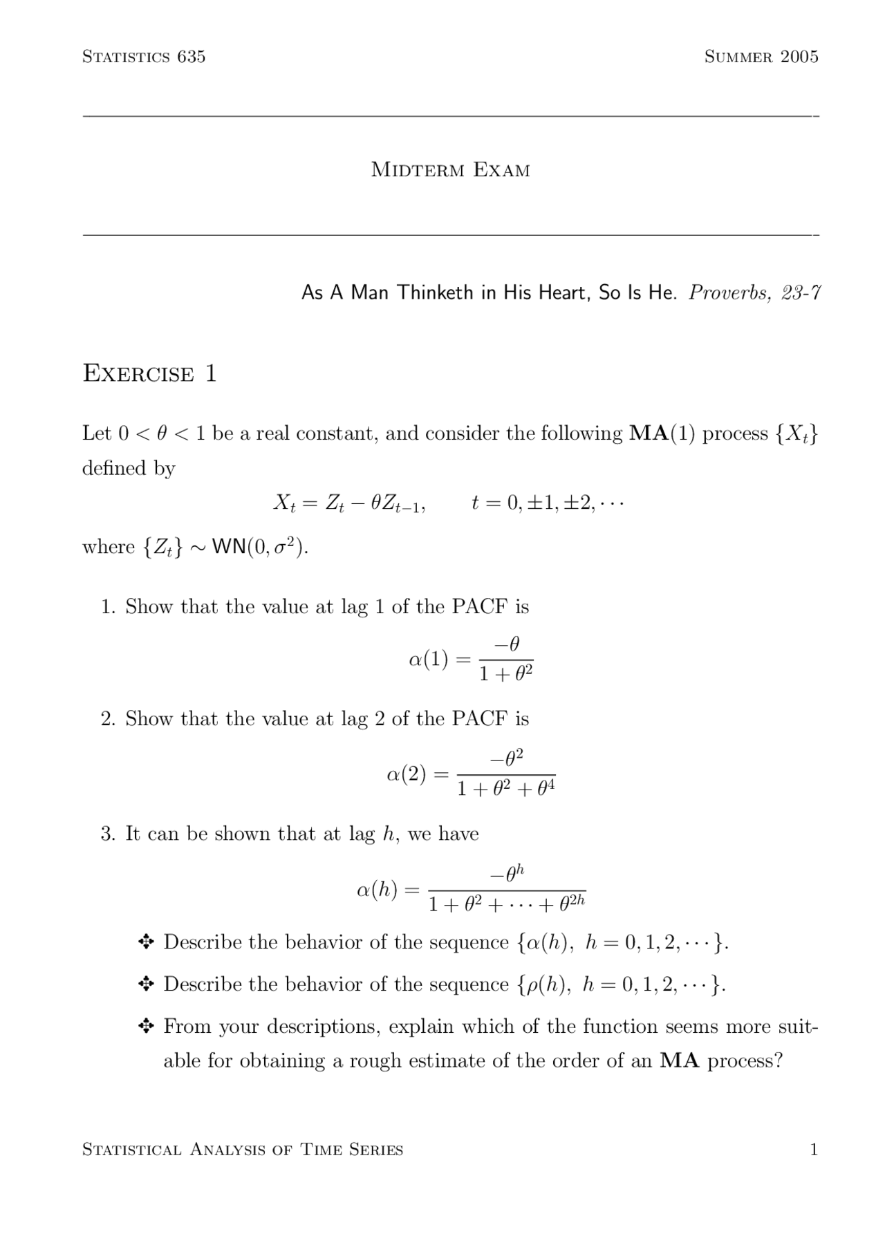 Practice Midterm Exam Statistical Analysis Of Time Series Stat 635