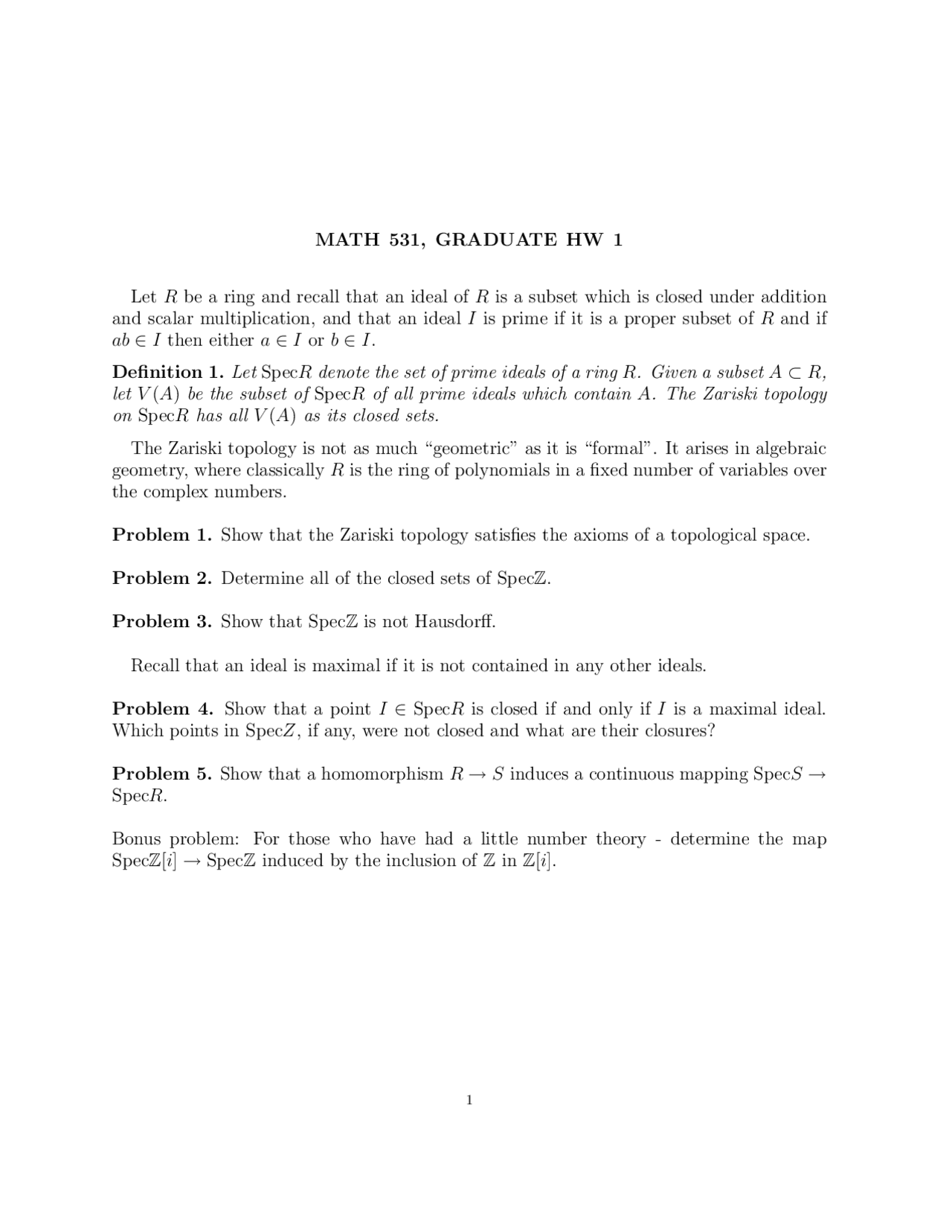 5 Problems On Introduction To Topology For Assignment 1 Math 531