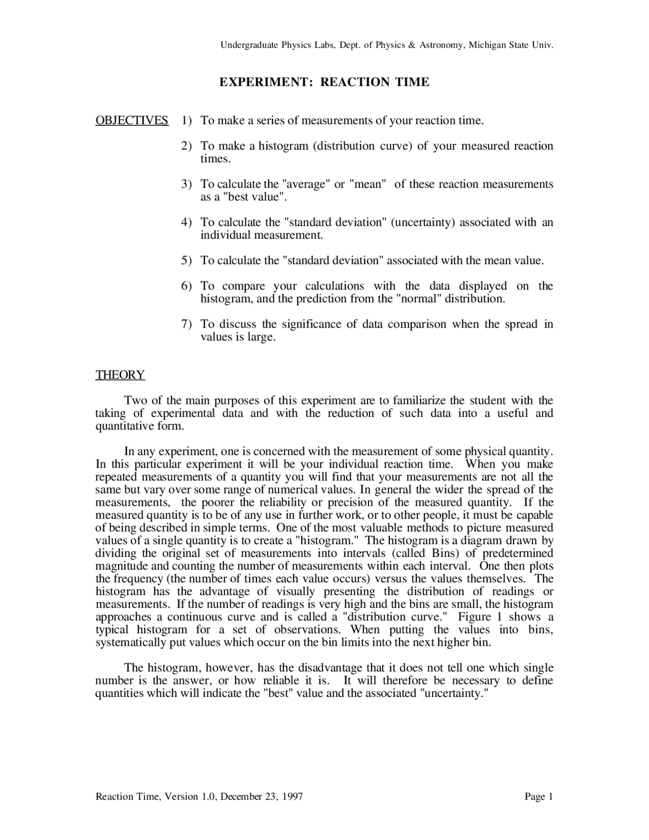 Experiment: Reaction Time - Introduction Physics Lab I | PHY 251 - Docsity