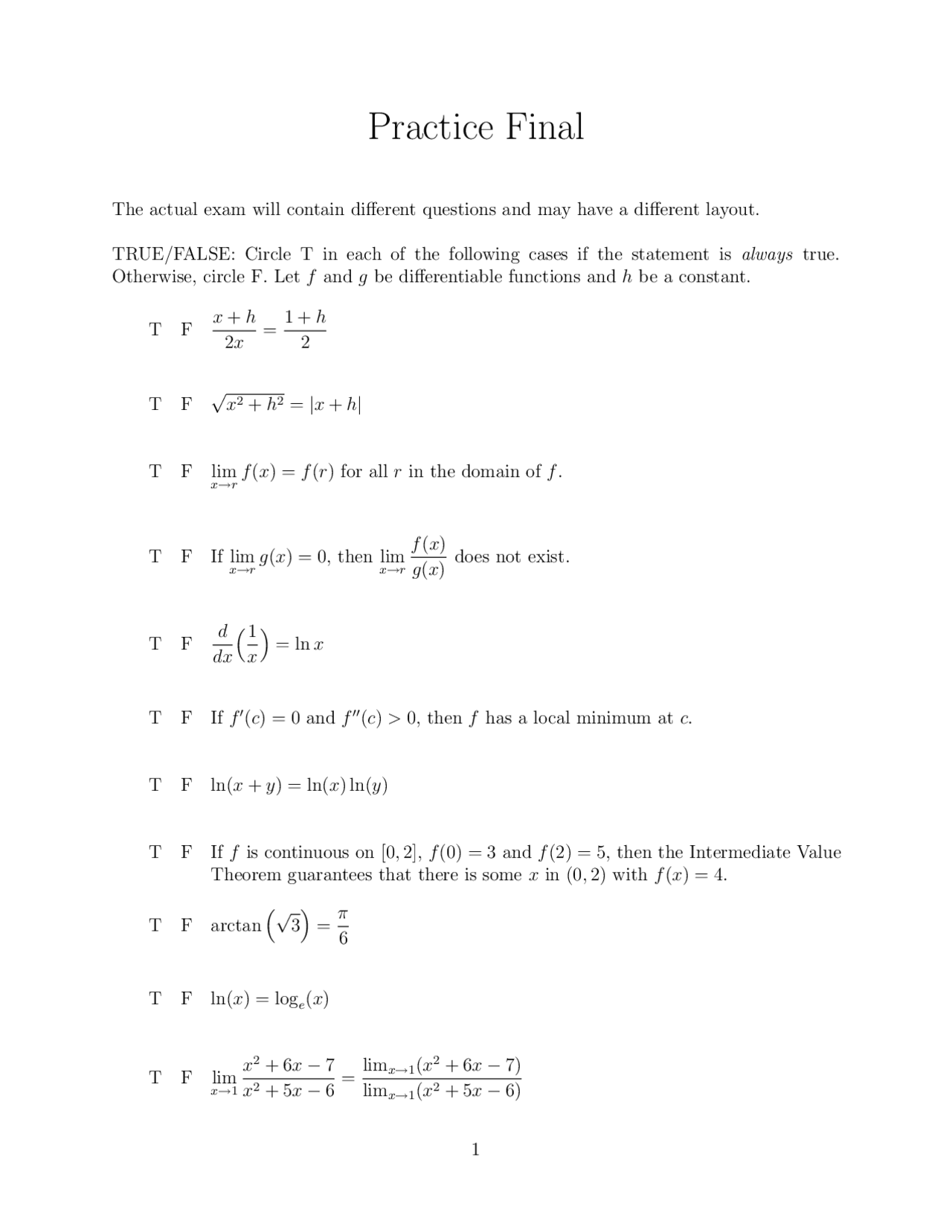 11 Questions for Calculus I - Practice Final Exam | MATH 251 - Docsity