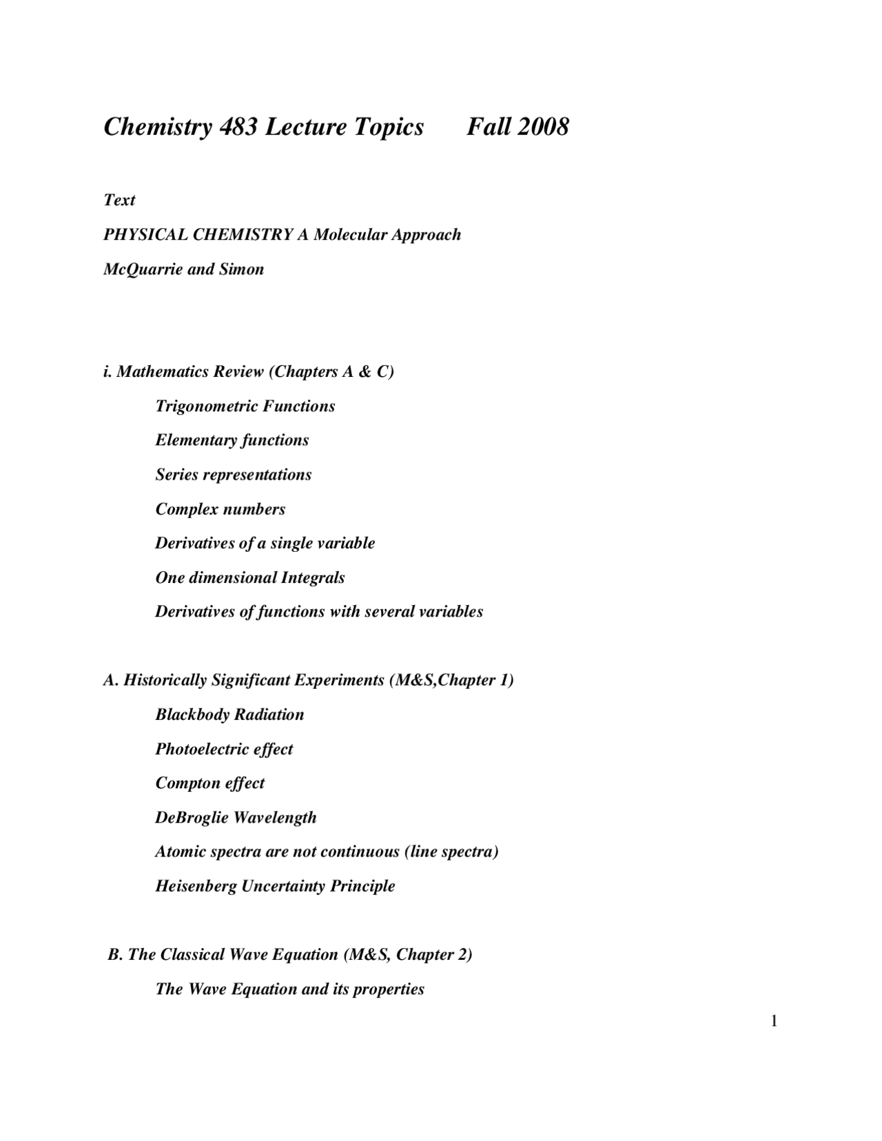 Study Materials for Quantum Chemistry - Lecture Topics | CEM 483 - Docsity