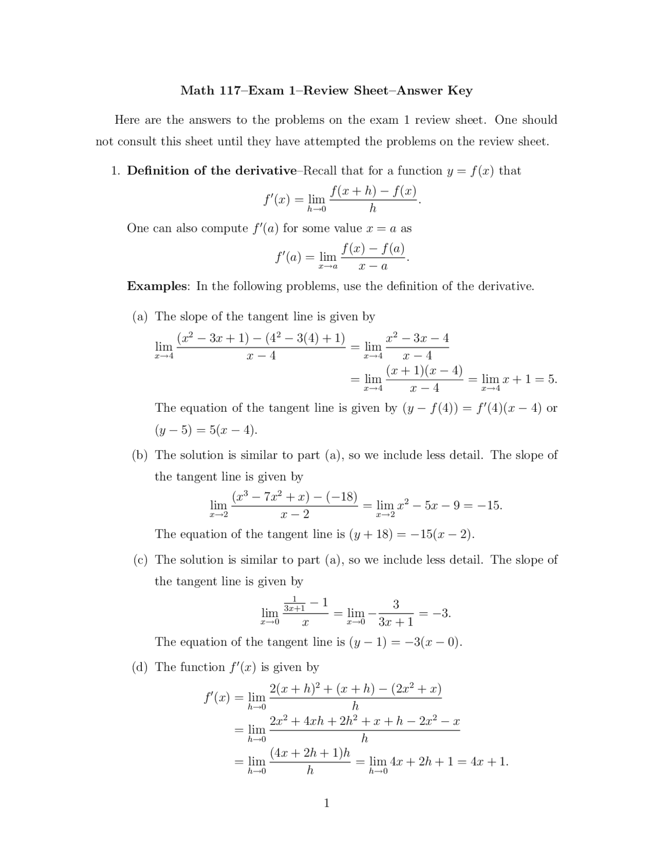 Exam 1 Review Sheet Answer Key Survey Of Calculus Math 117 Docsity