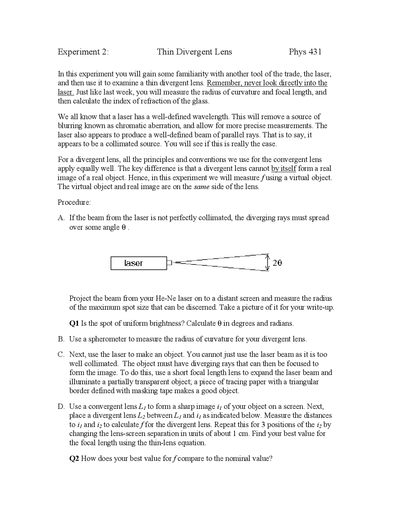 Laboratory Experiment 2 On Thin Diverging Lens Optics I Phy 431
