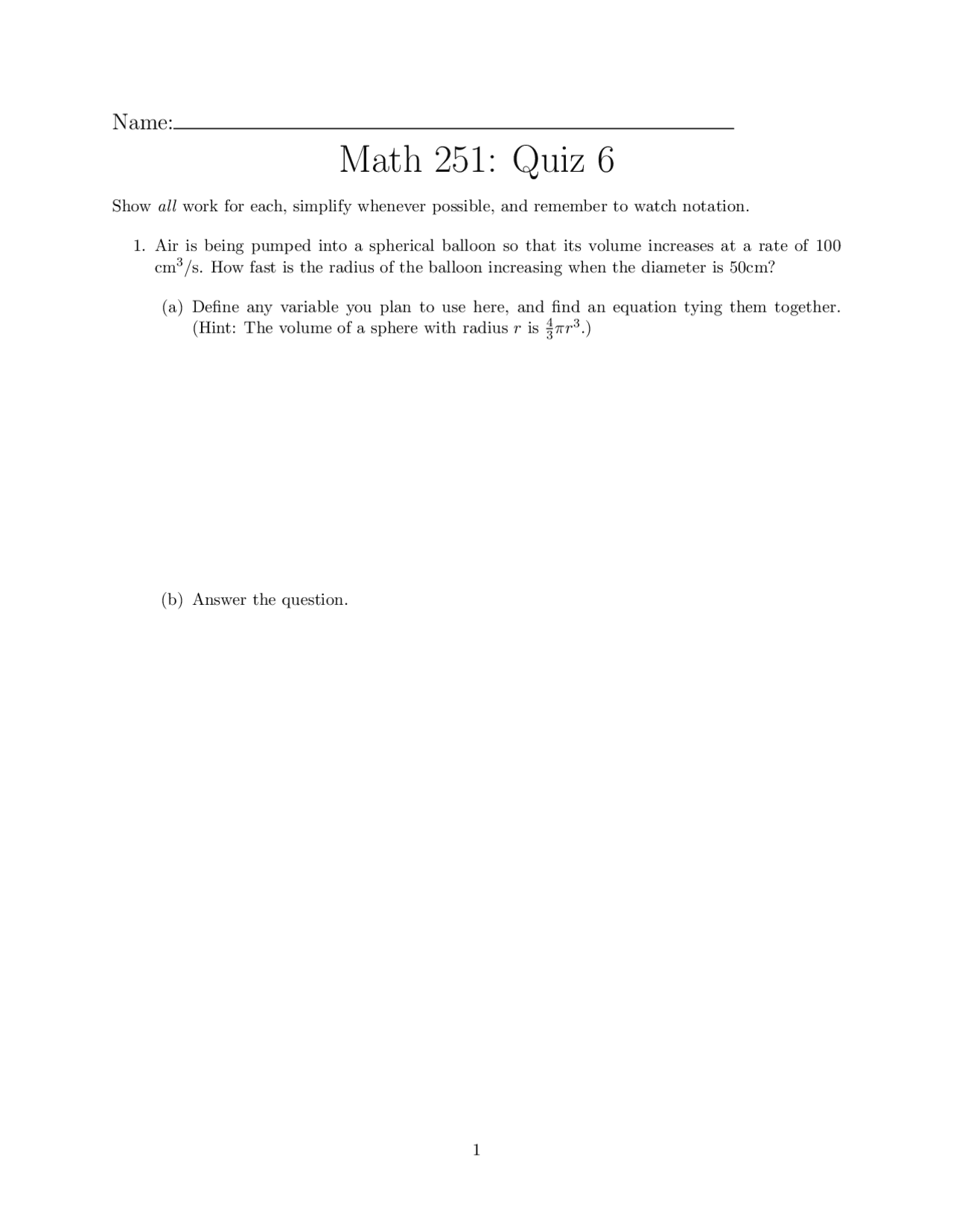 Quiz 8 Problems For Calculus I Math 251 Docsity