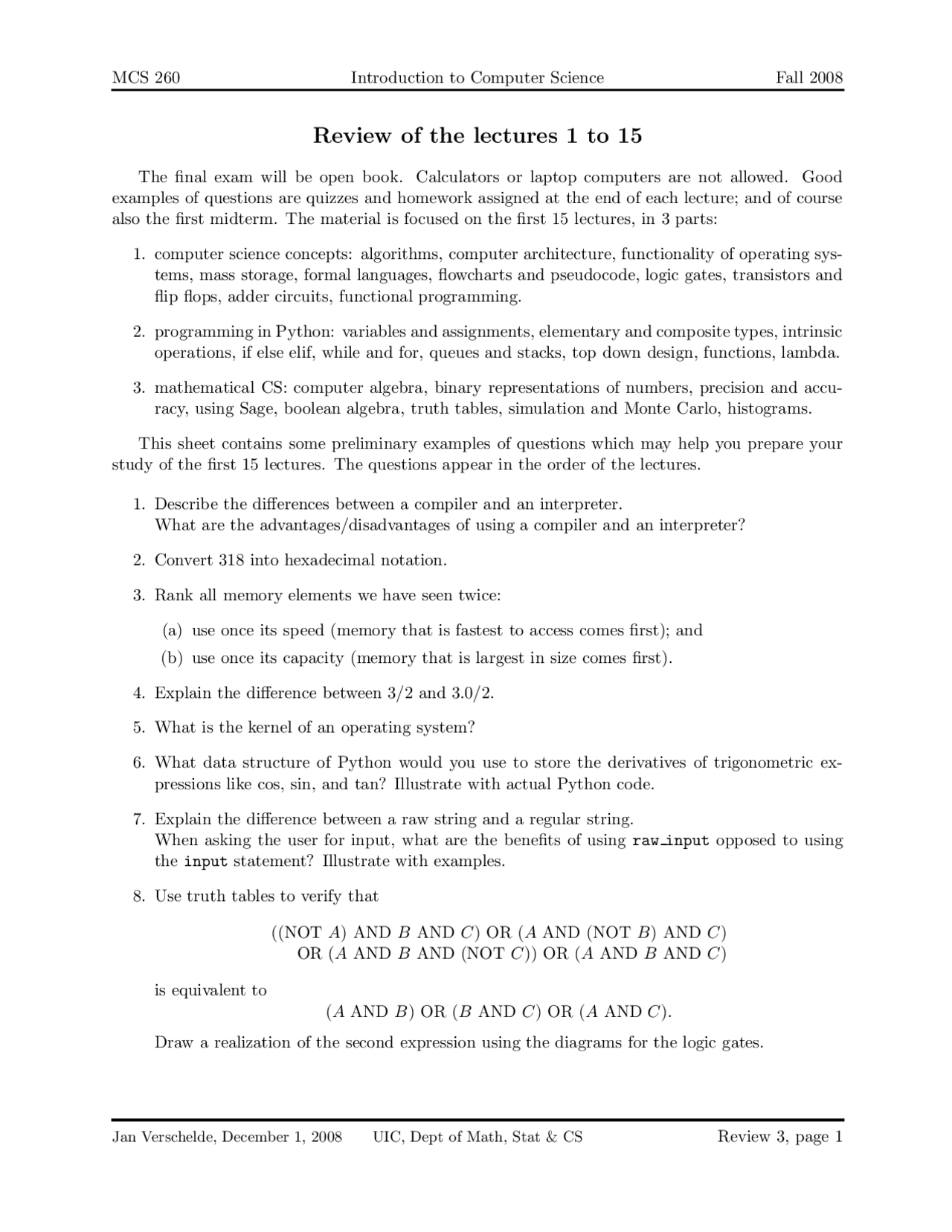 Introduction To Computer Science Review Sheet Mcs 260 Docsity