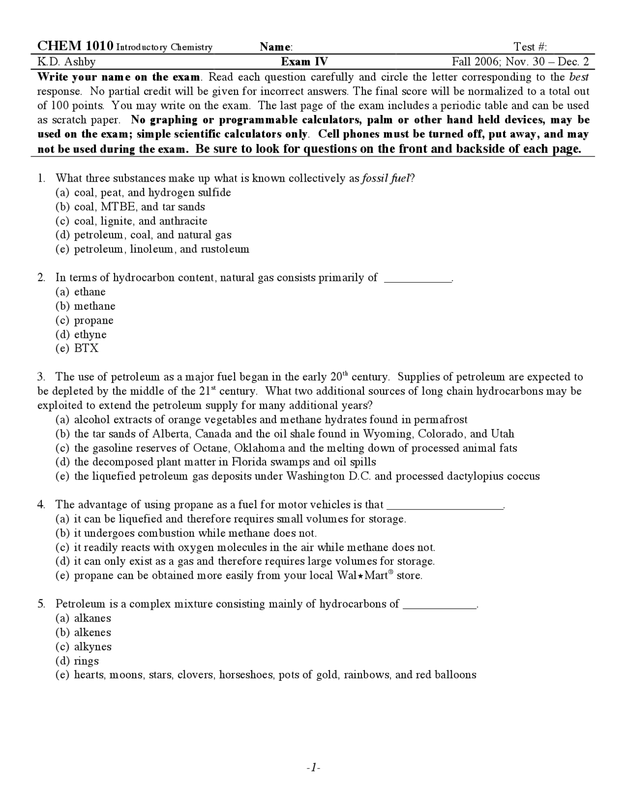 28 Problems On Fossil Fuels Hydrocarbon Compounds Exam 4 Chem 1010