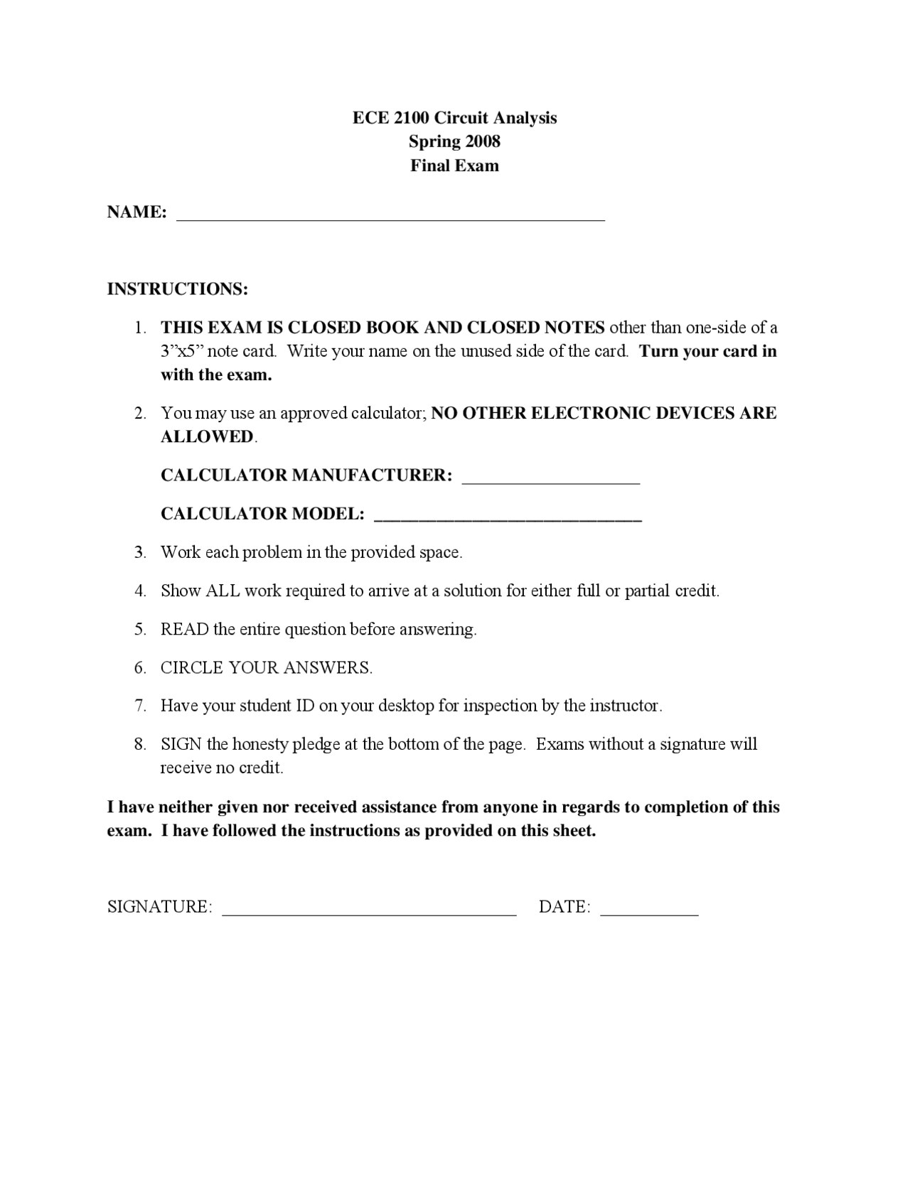 Midterm Exam Questions for Circuit Analysis | ECE 2100 | Exams ...