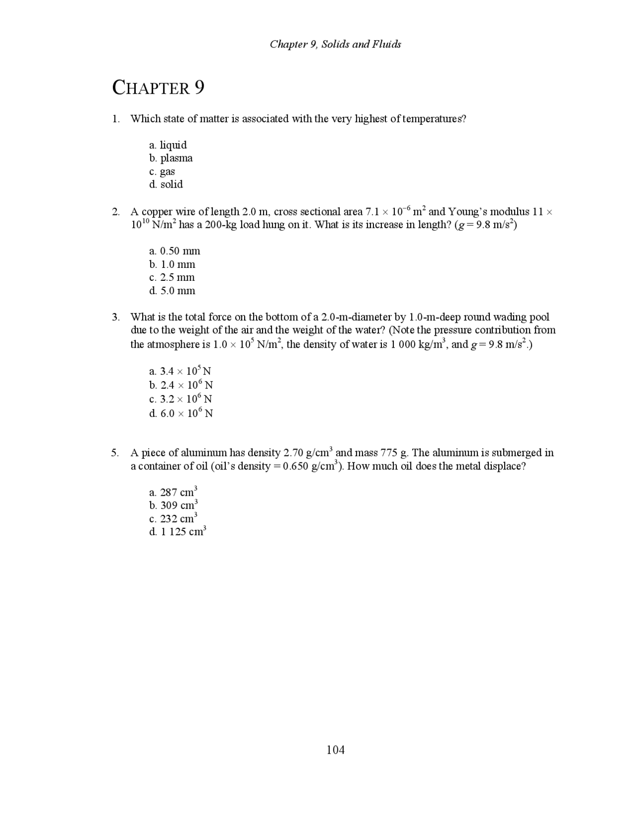Multiple Choice Test on Solids and Fluids | PHY 231 - Docsity