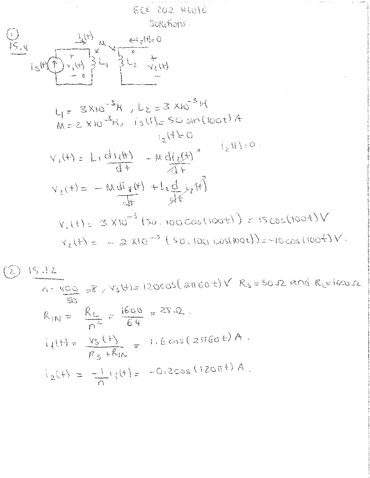 Homework 10 Solutions Circuits And Systems Ii Ece 202 Docsity