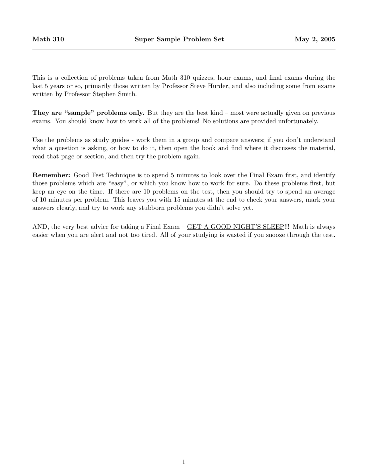 Sample Problem Set - Applied Linear Algebra - 2005 | MATH 310 - Docsity