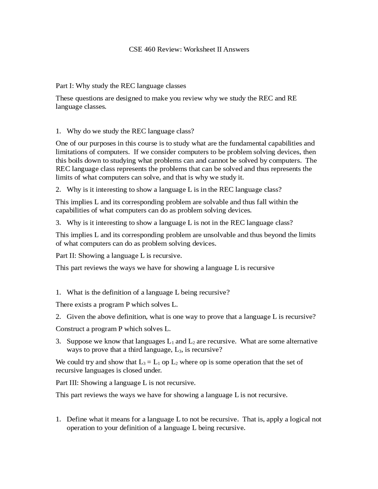 Worksheet 11 with Answers - Computability and Languages | CSE 460 - Docsity