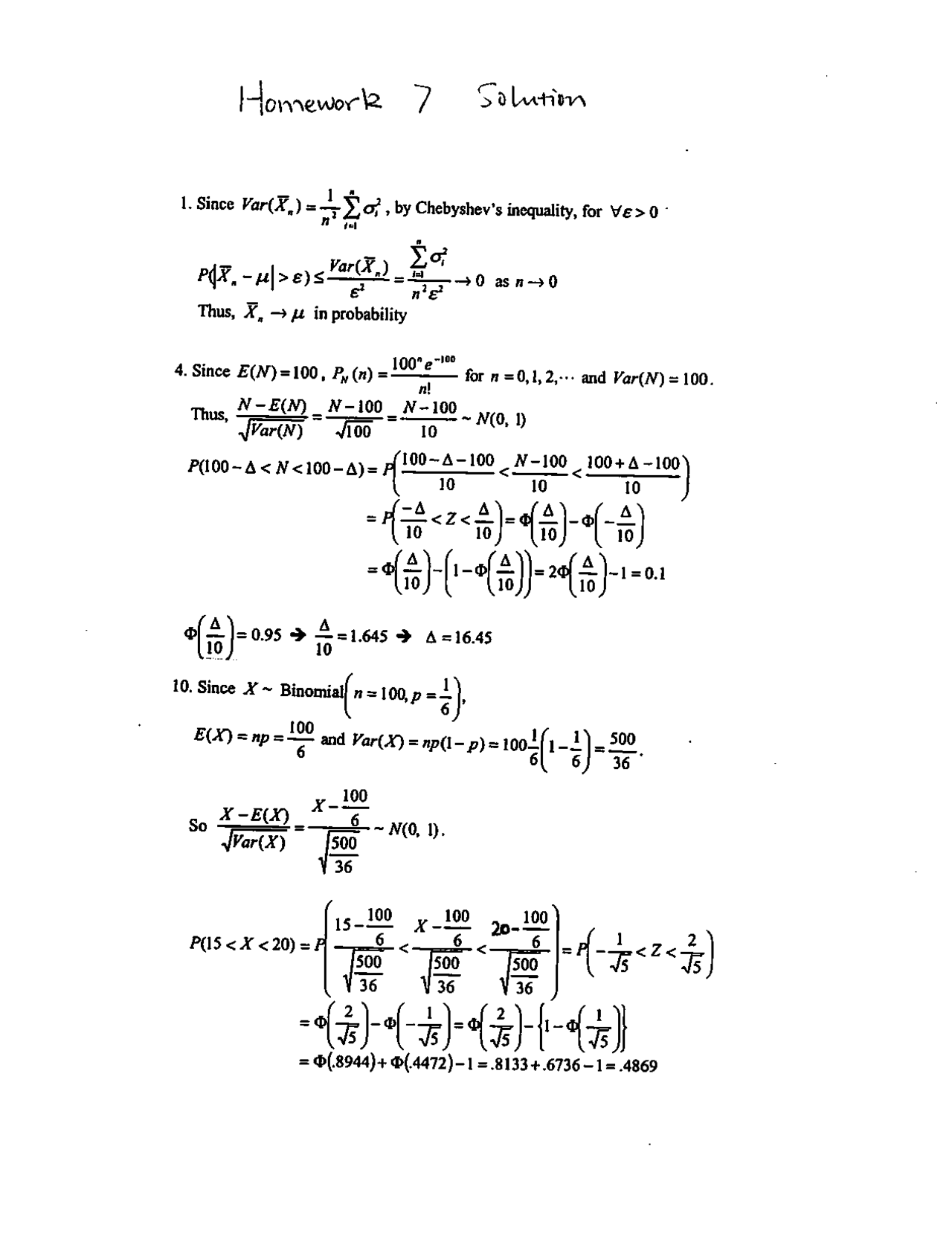 Homework 7 Solutions on Probability for Statistical Inference | STAT 610 | Assignments ...