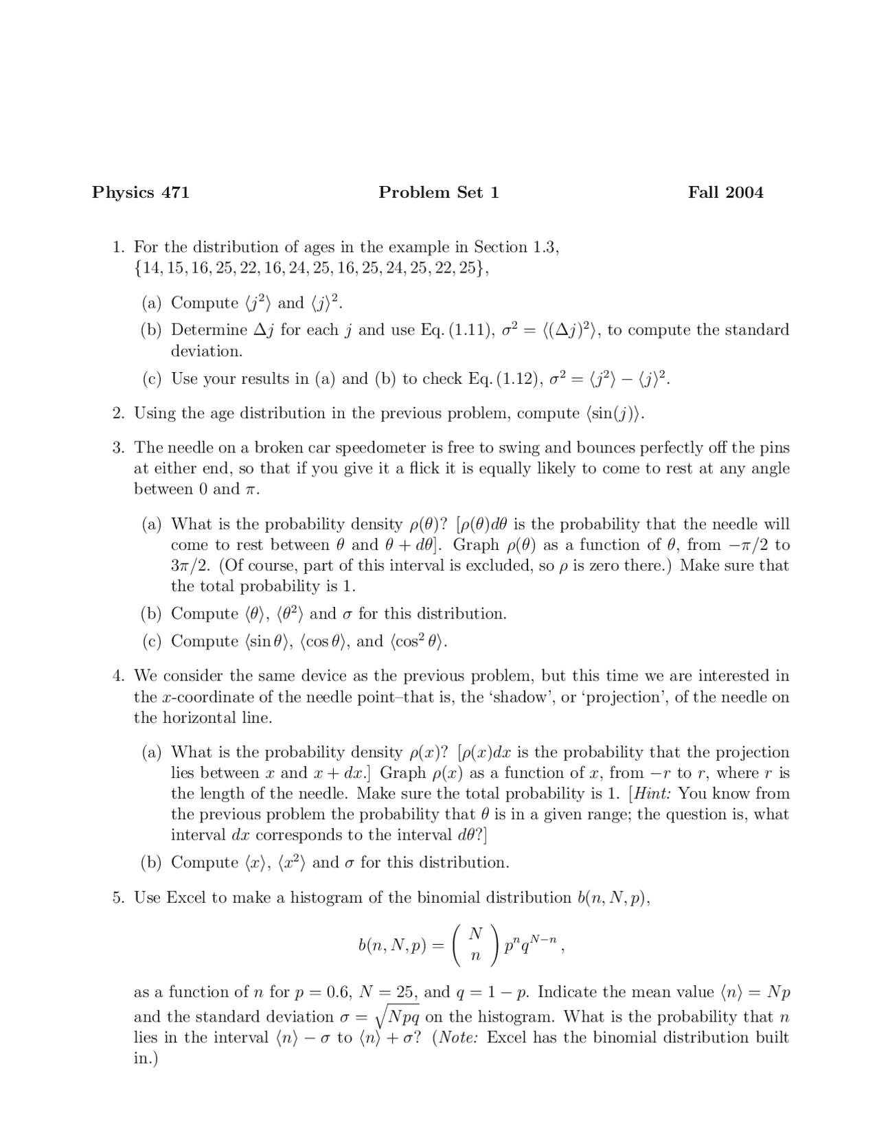 Problem Set 1 With 5 Practice Problems On Quantum Physics I Phy 471