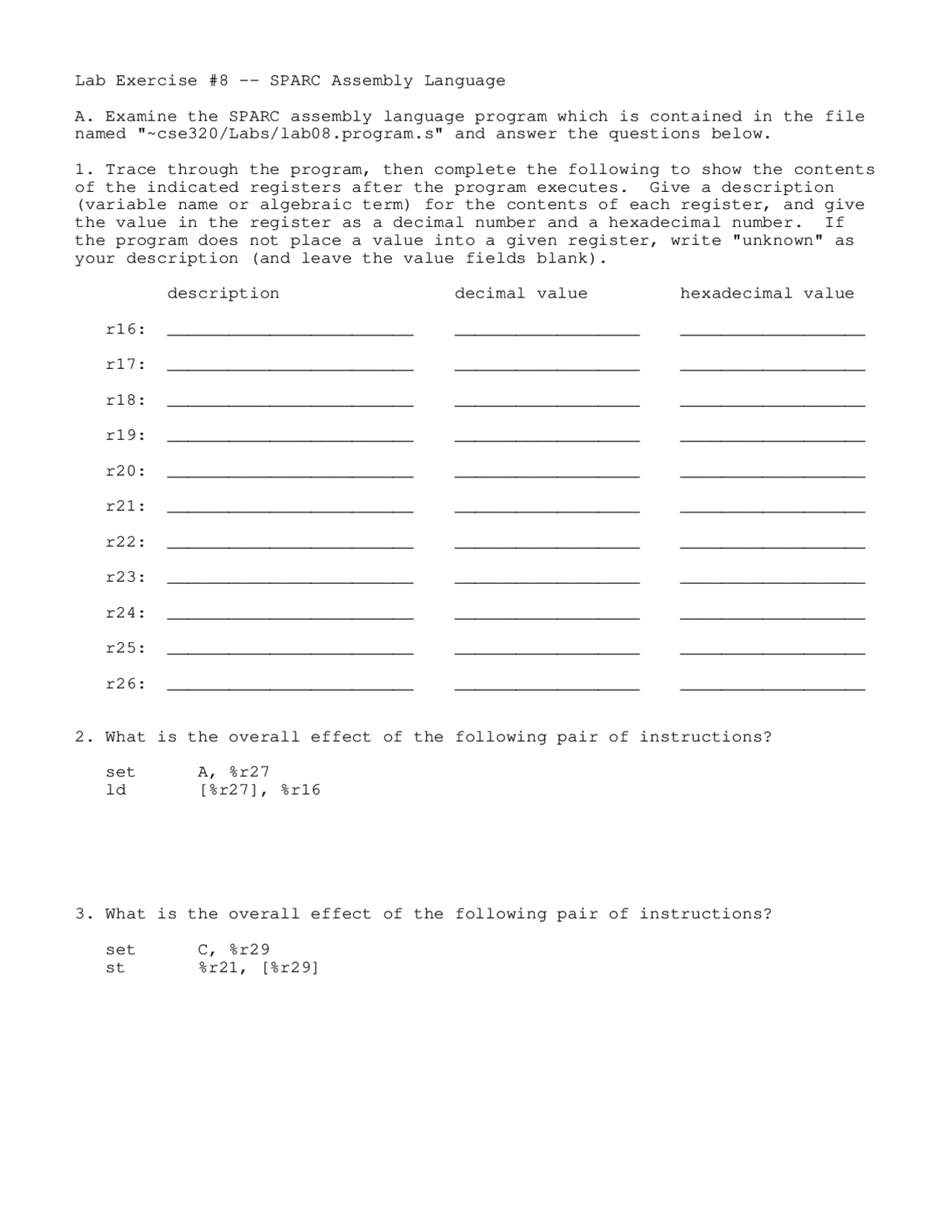 SPARC Assembly Language - Laboratory Exercise 9 | CSE 320 - Docsity