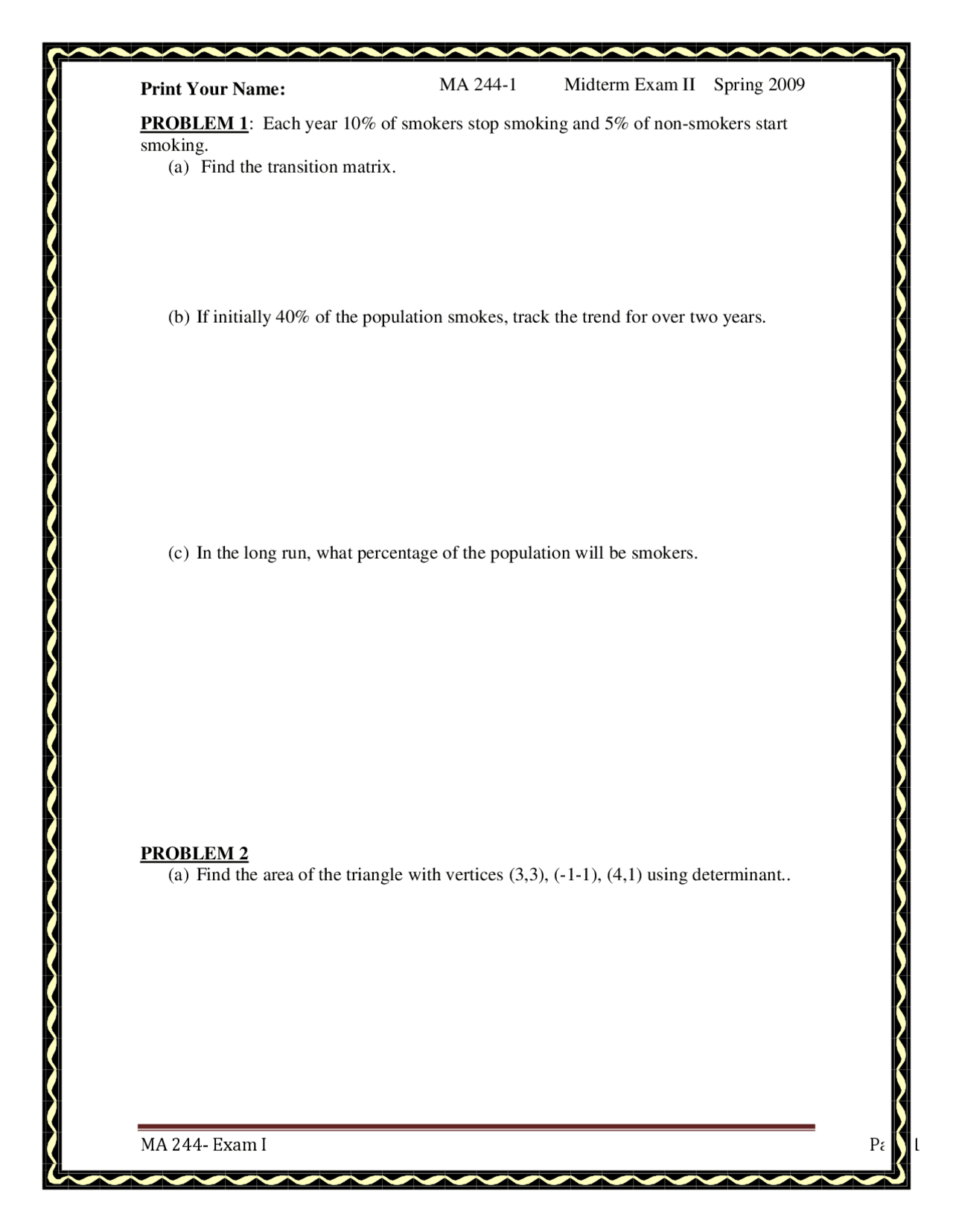 Introduction To Linear Algebra Midterm Exam Ii Ma 244 Docsity