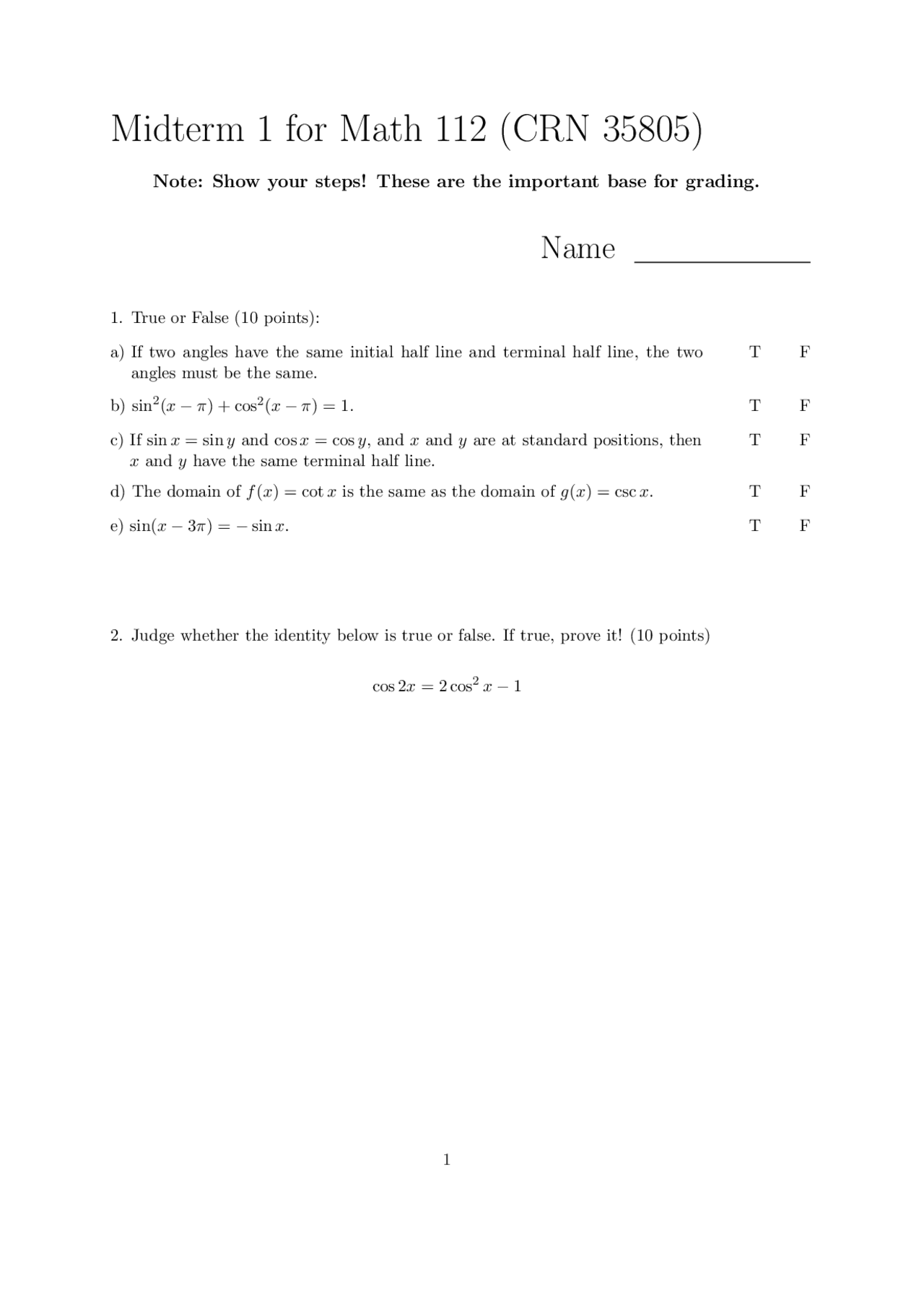 10 Practice Problems for Elementary Functions - Midterm Exam 1 | MATH 112 - Docsity
