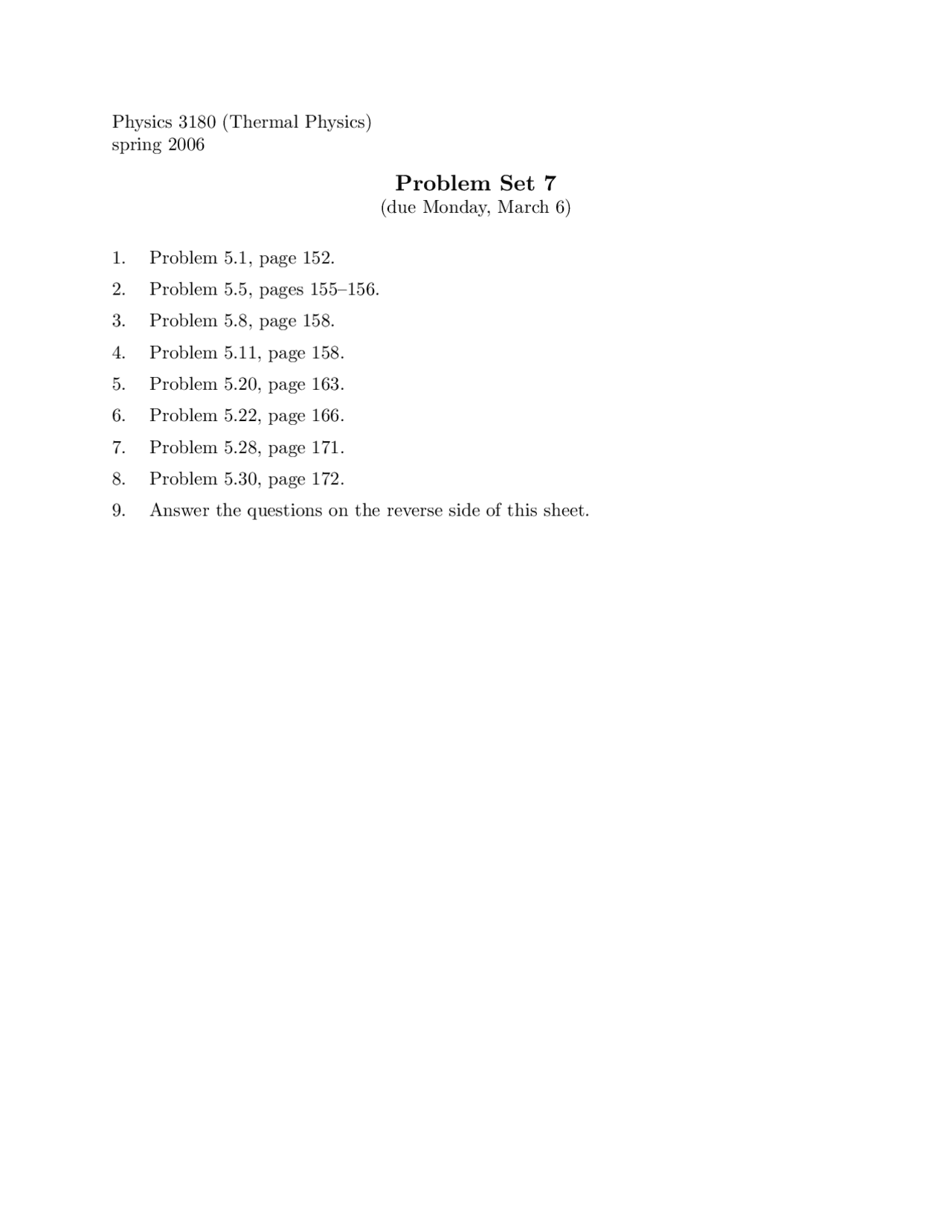 Thermal Physics Problems Set 7 Unsolved Questions Phys 3180 Docsity