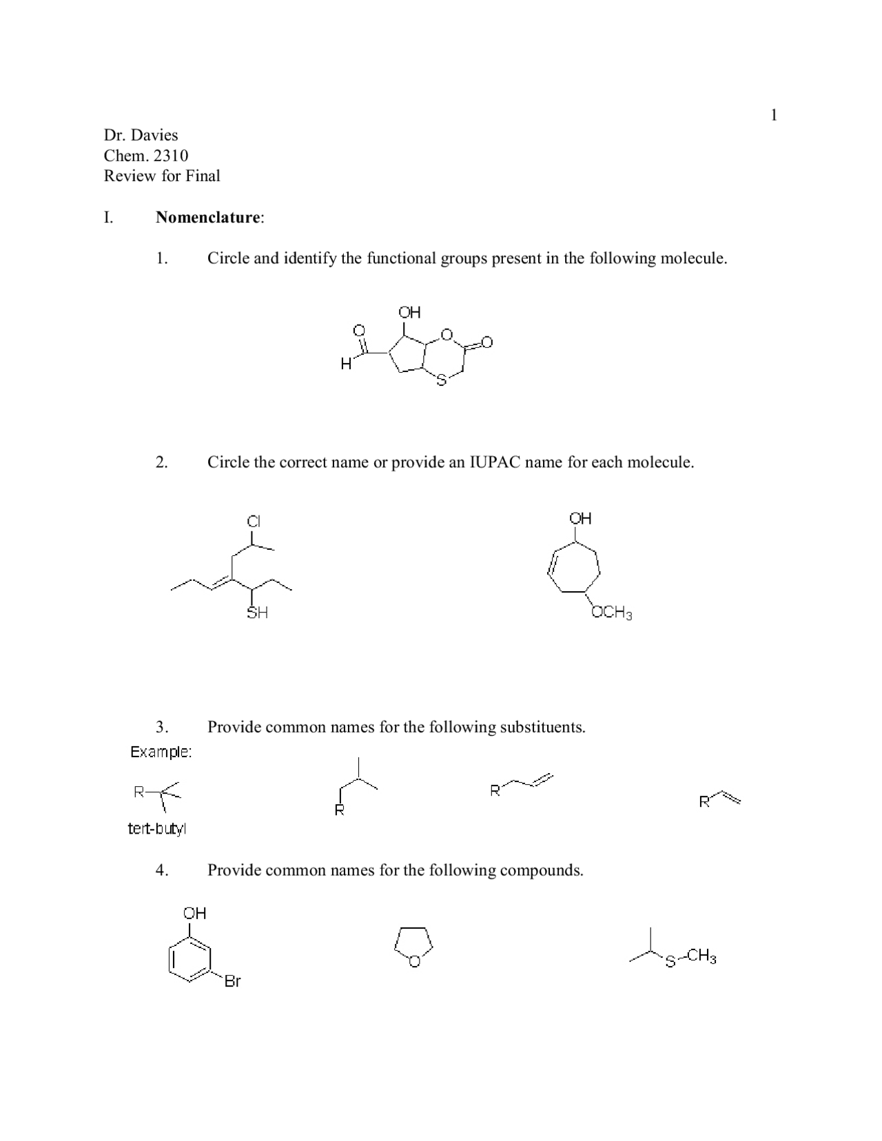 Review Sheet for Final Exam - Organic Chemistry I | CHEM 2310 | Study ...