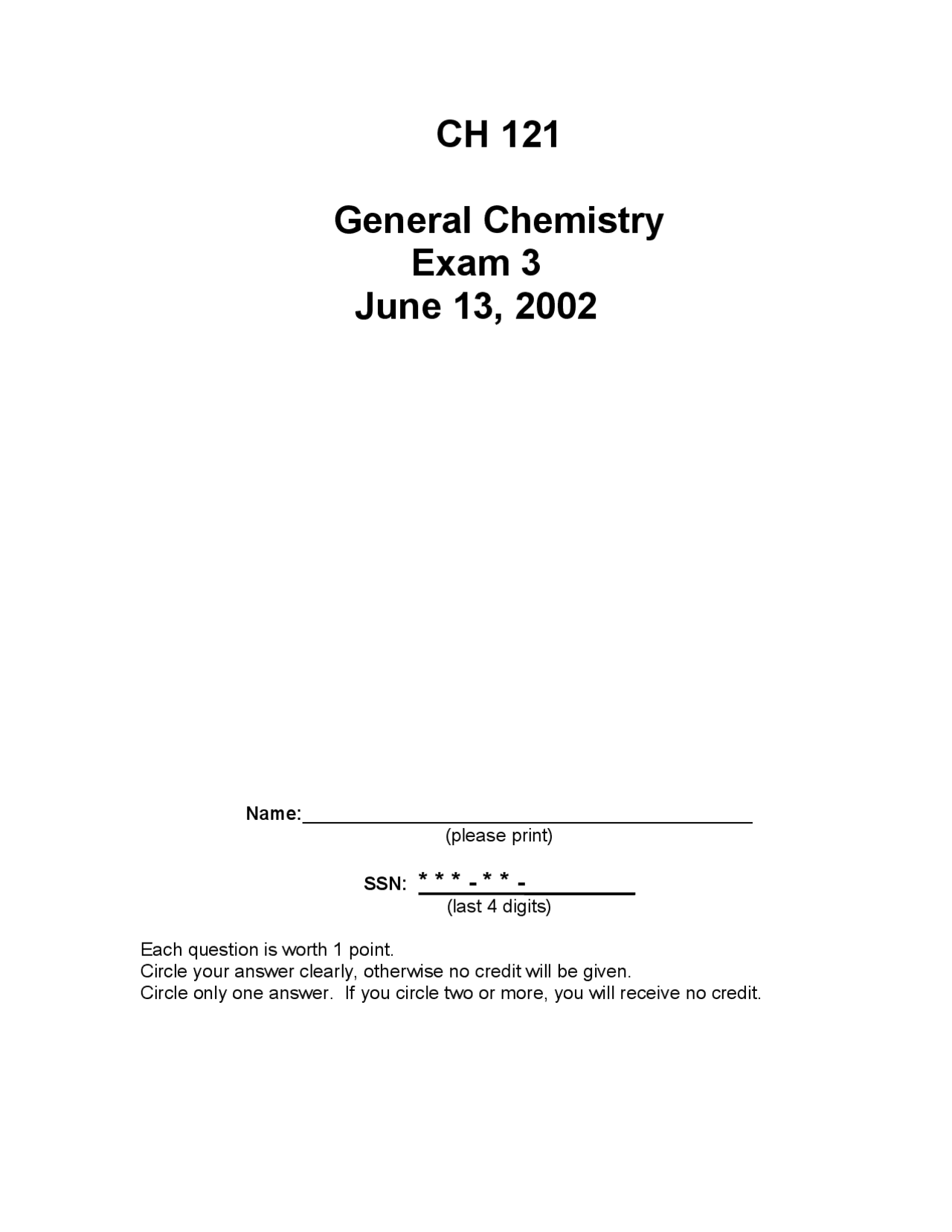20 Multiple Choice Questions General Chemistry I Ch 121 Docsity