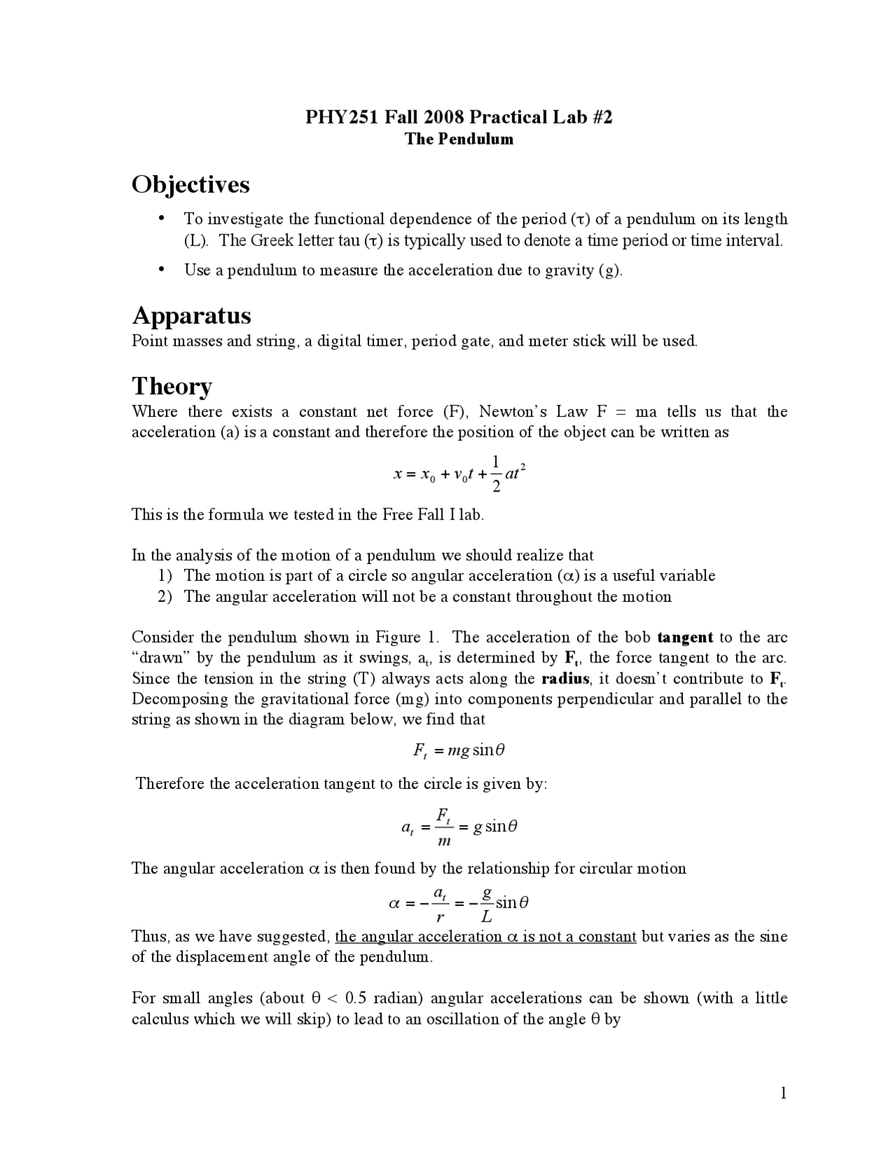 Practical Lab #2 - Pendulum - Introduction to Physics Lab I | PHY 251 - Docsity