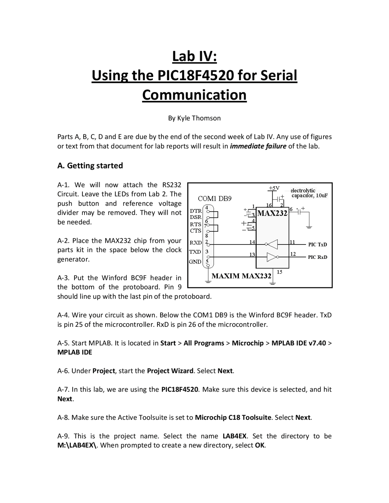 Using the PIC18F4520 for Serial Communication - Lab 4 | ECE 480 - Docsity