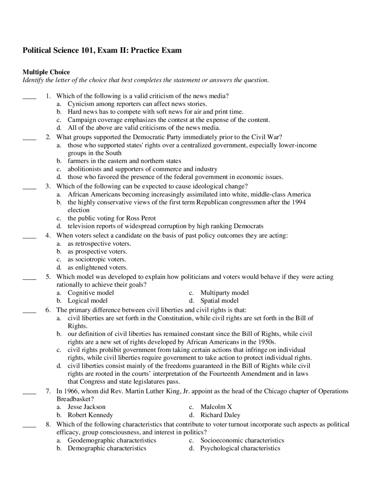 Questions For Practice Exam Ii Introduction To American Politics
