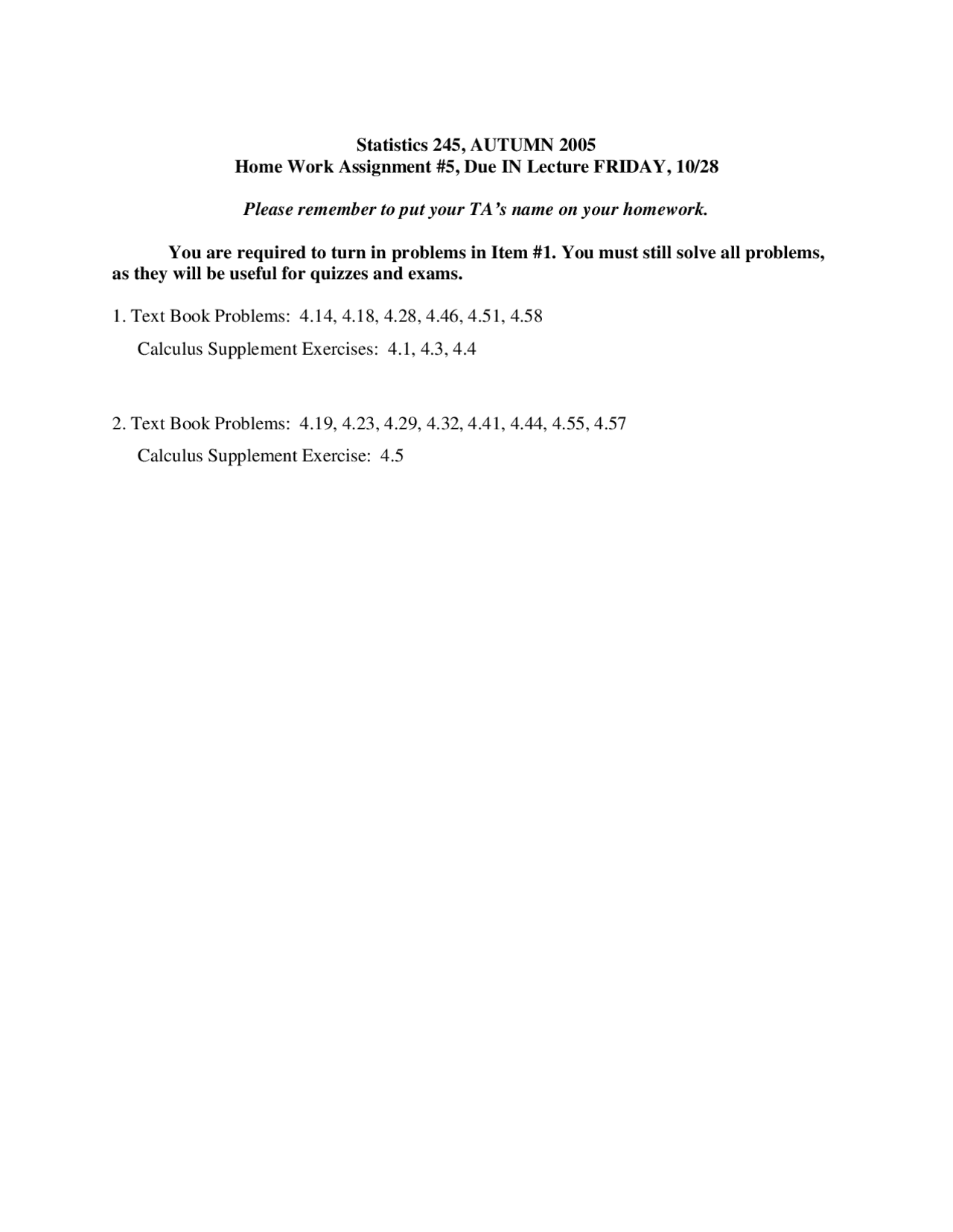 Homework Assignment 5 On Introduction To Statistical Analysis Stat 245 Docsity