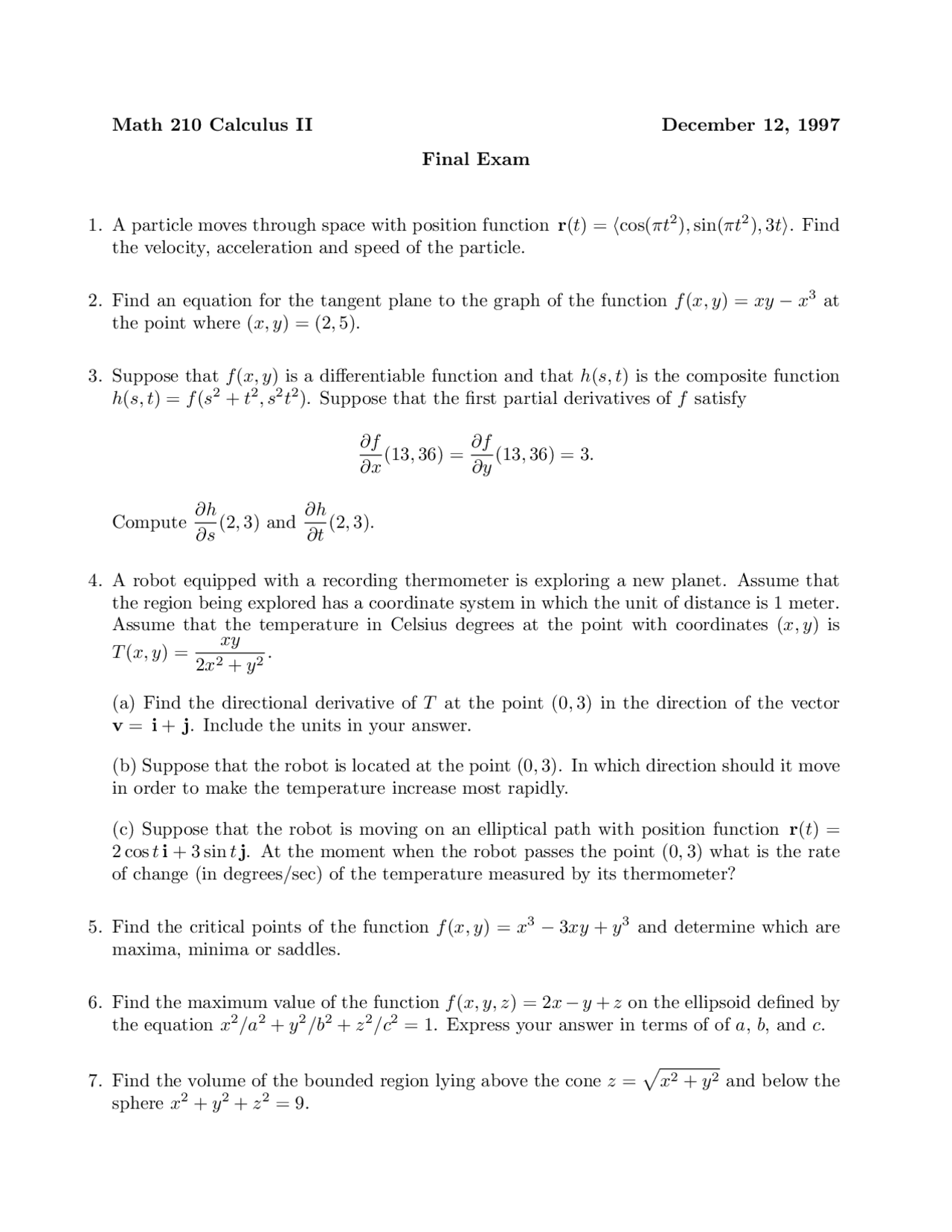 10 Questions Final Exam Calculus Iii Math 210 Docsity