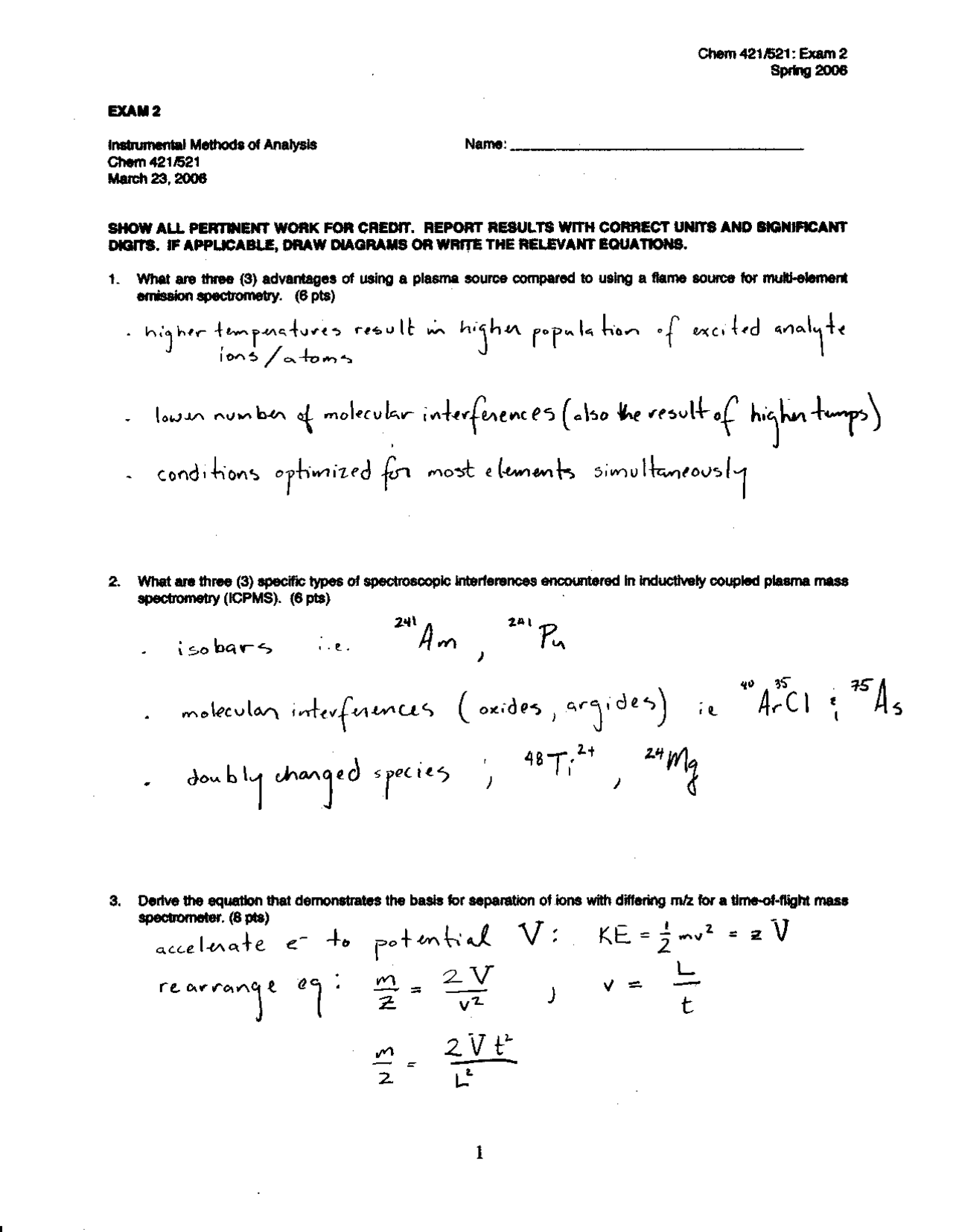 Exam On Solution Instrumental Methods Analysis Spring 2006 Chem