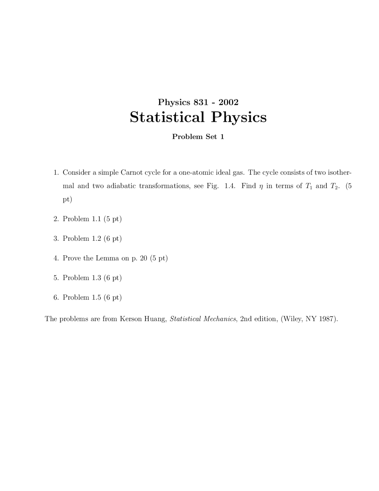 6 Practice Problems On Statistical Physics Problem Set 1 Phy 831