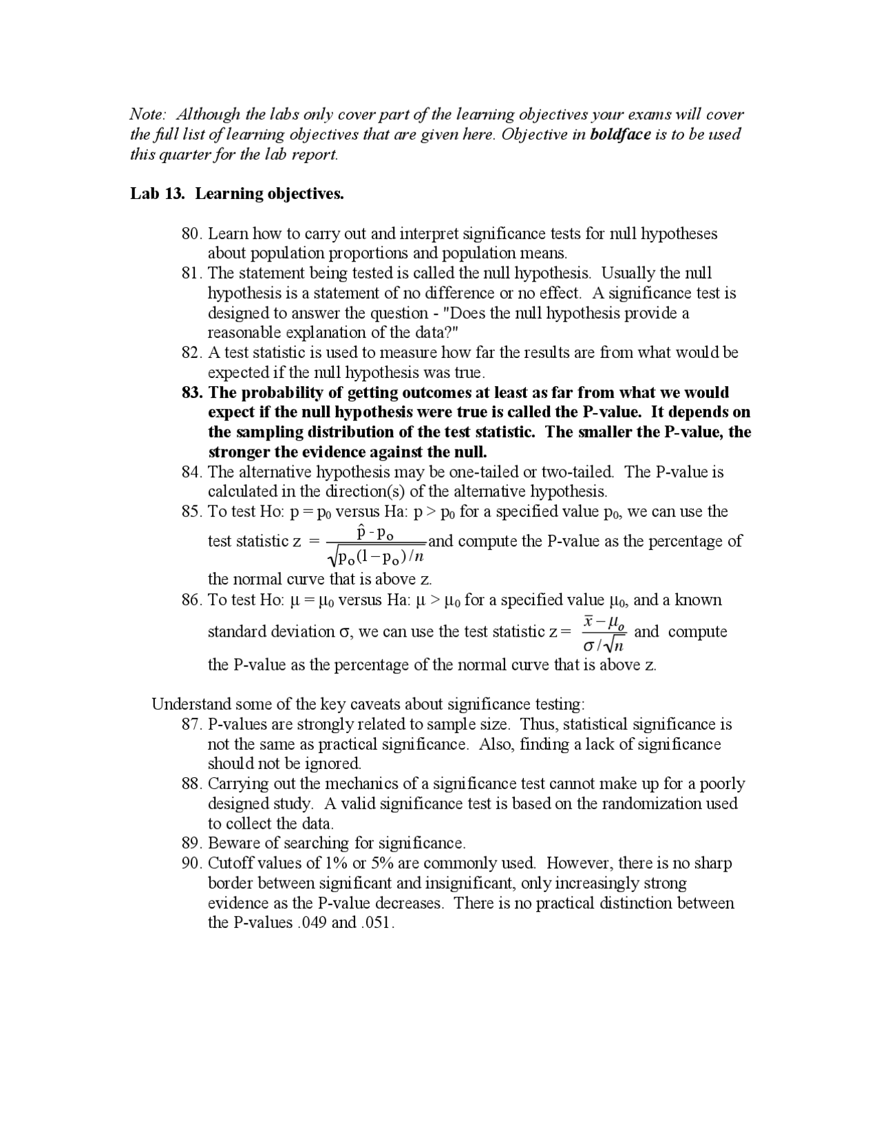 Learning Objectives Laboratory 13 Stat 135 Docsity