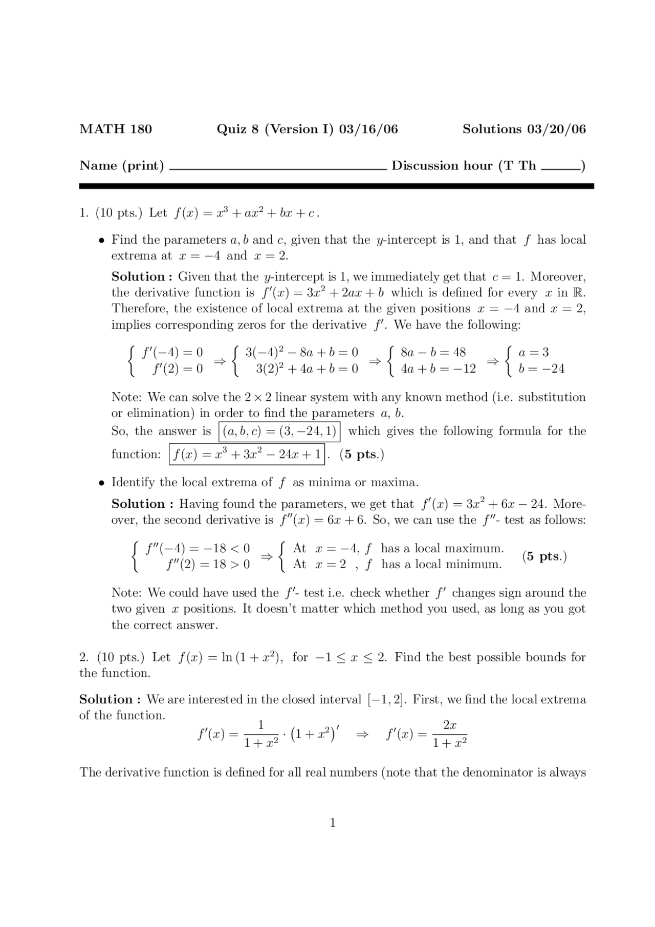 Sample Quiz 8 Version A with Solutions - Calculus I | MATH 180 - Docsity