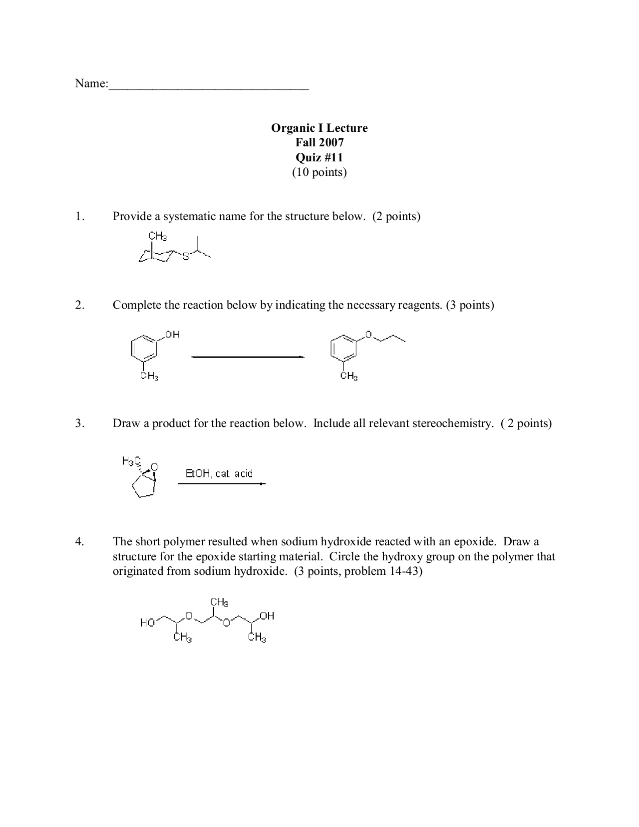 4 Questions Quiz 1 Organic Chemistry I Chem 2310 Docsity