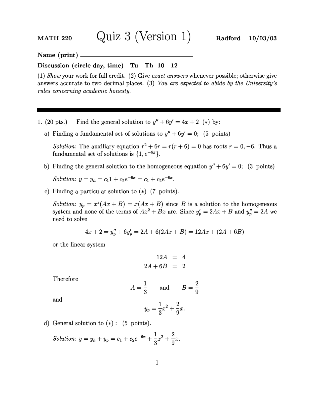 Quiz 3 Version 1 For Introduction To Differential Equations Math 220