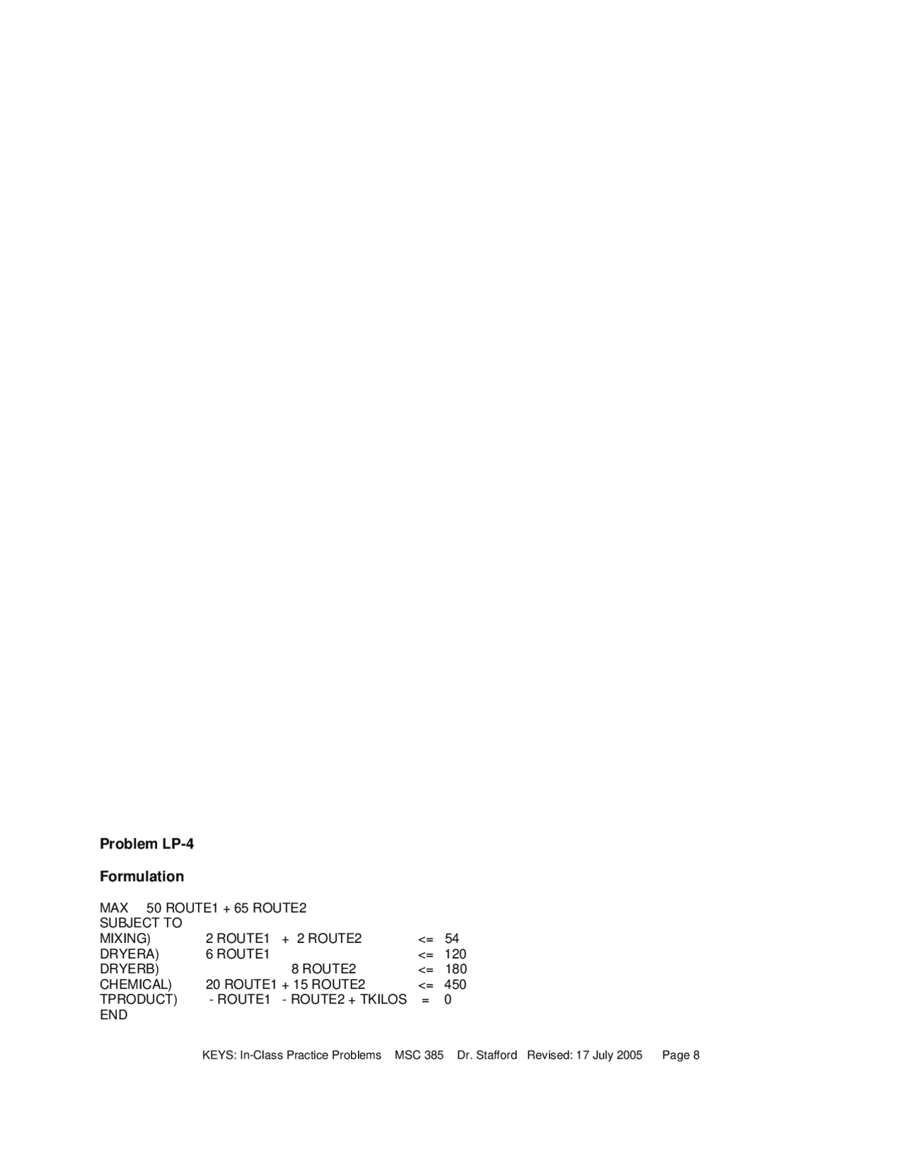 Formulation Linear Programming Solution Operations Analysis Msc 385