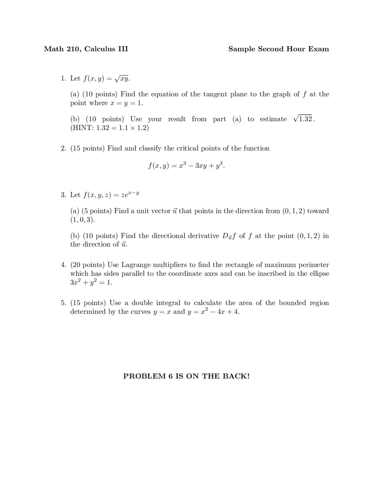 6 Problems to Find the Equations in Calculus III - Second Hour Exam | MATH 210 - Docsity