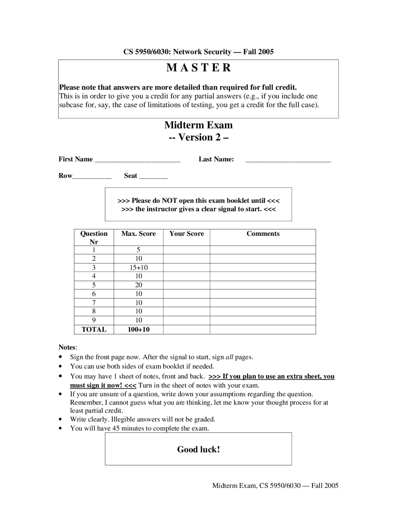 Midterm Examination Version 2 Network Security Cs 5950 Docsity