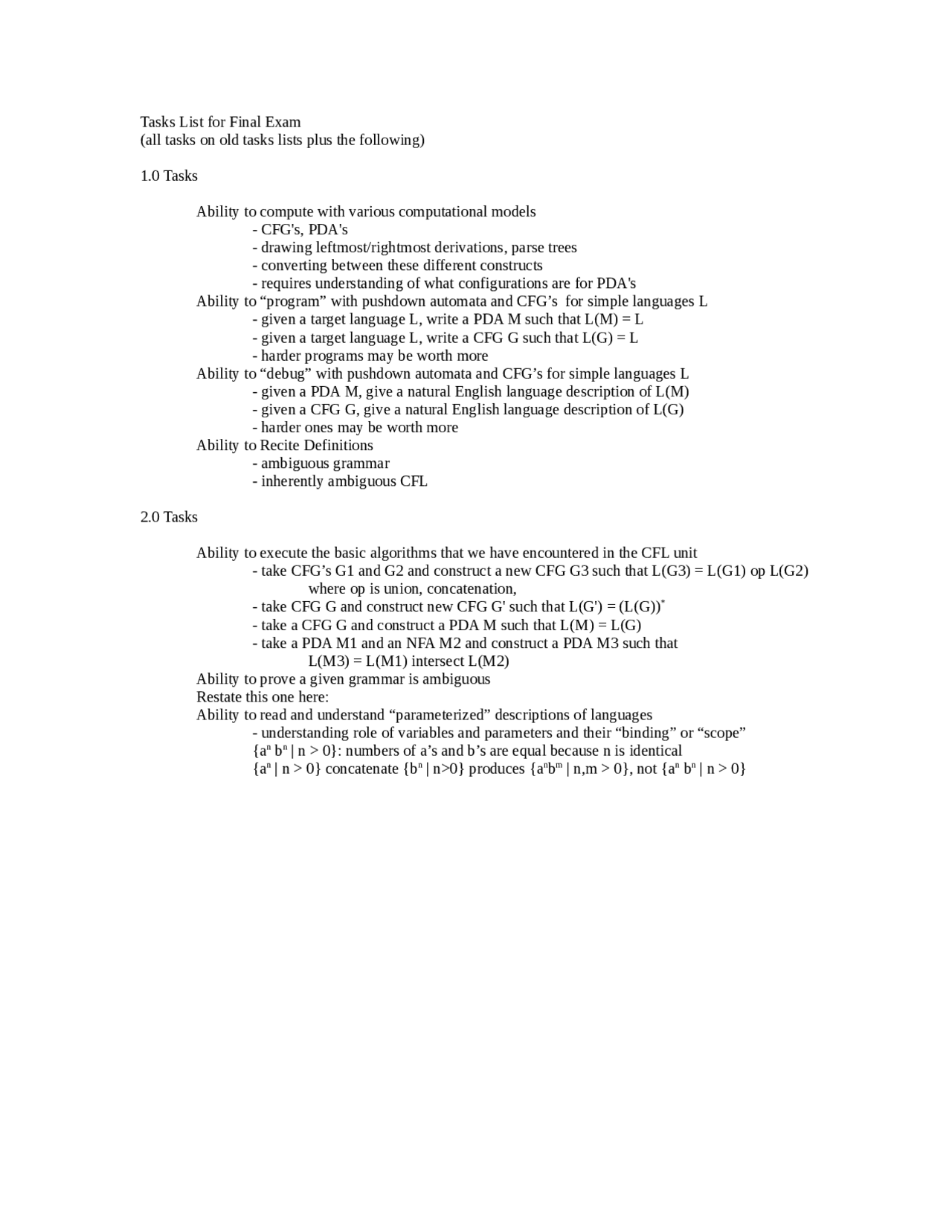 Tasks List for Final Exam in Computer Science: Automata and Context-Free Languages - Prof ...