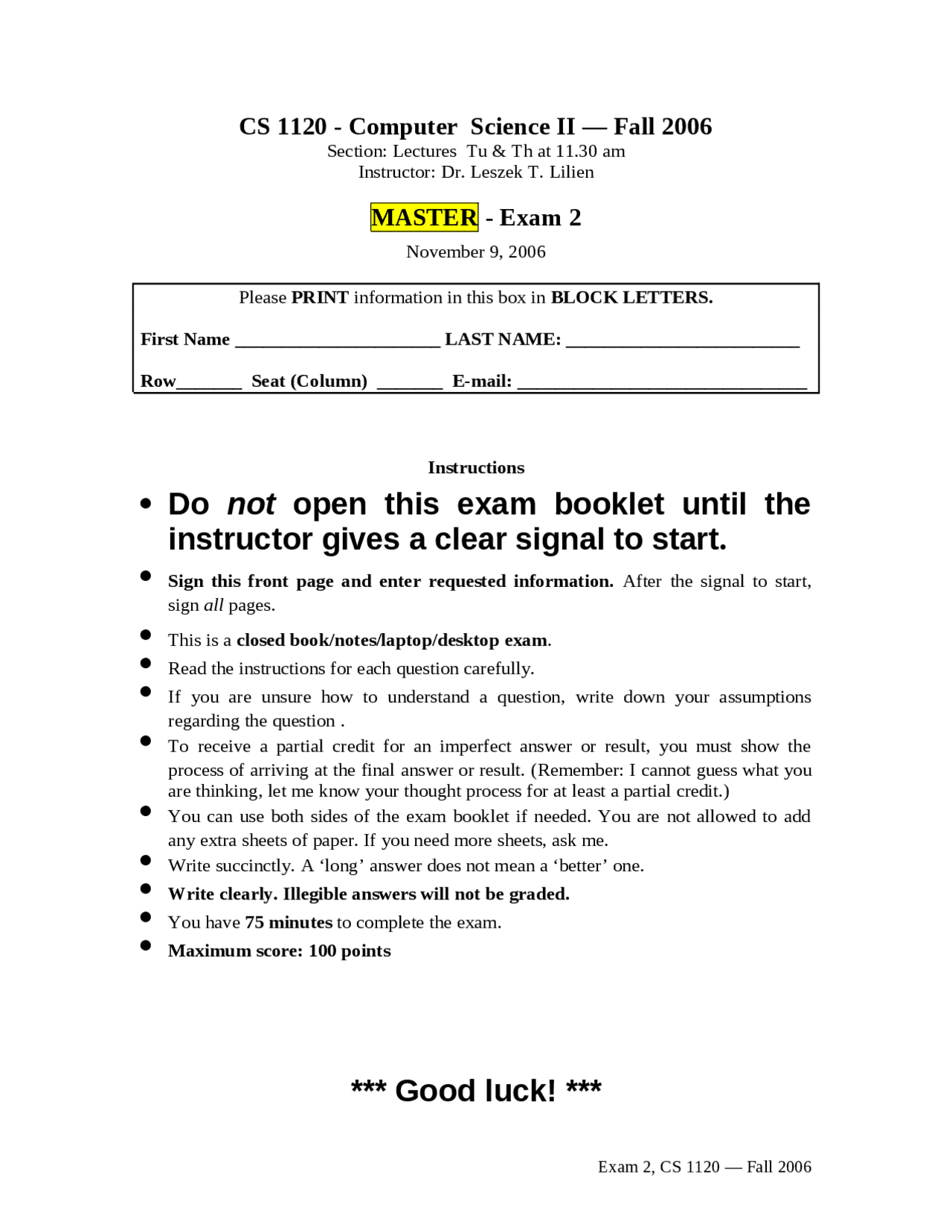 Final Exam with Answer Key - Computer Science II | CS 1120 - Docsity