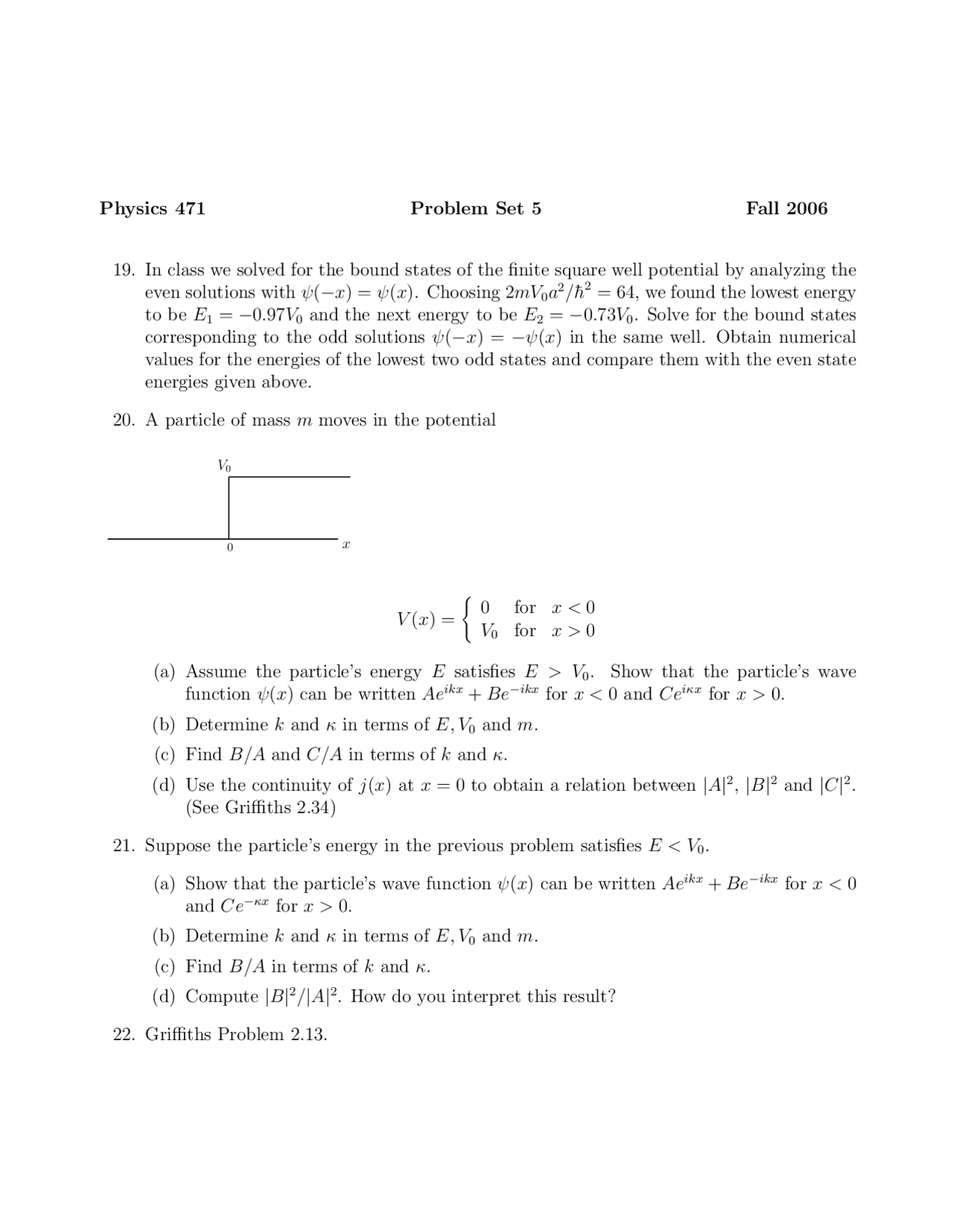 Problem Set 5 On Quantum Physics I Fall 2006 Phy 471 Docsity