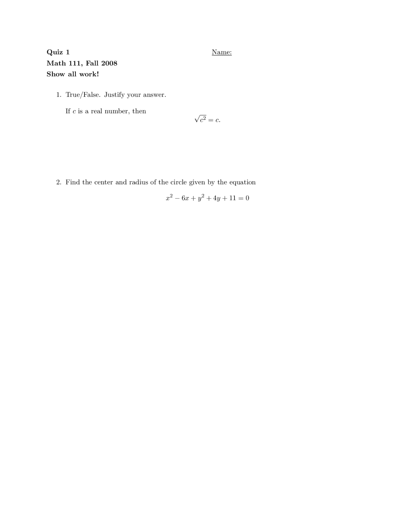 Math Quiz 1 - Fall 2008 - Math 111 | Quizzes Algebra | Docsity