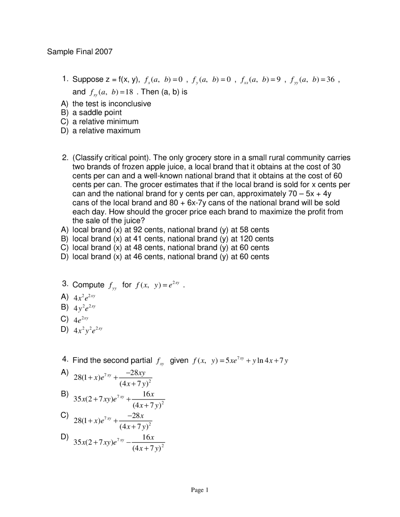 Sample Final Exam - Calculus for Business | MATH 165 | Exams Calculus | Docsity