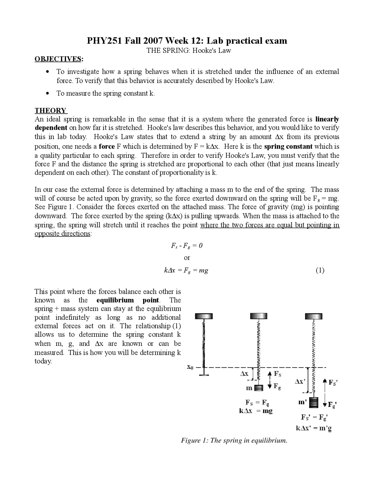 Lab Practice Exam - Hooke’s Law - Introduction Physics Lab I | PHY 251 ...